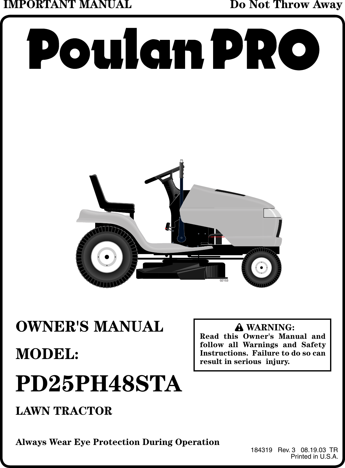 Poulan Pd25H48Sta 2003 08 954569523 Owners Manual OM, PD25H48STA, 08 ...
