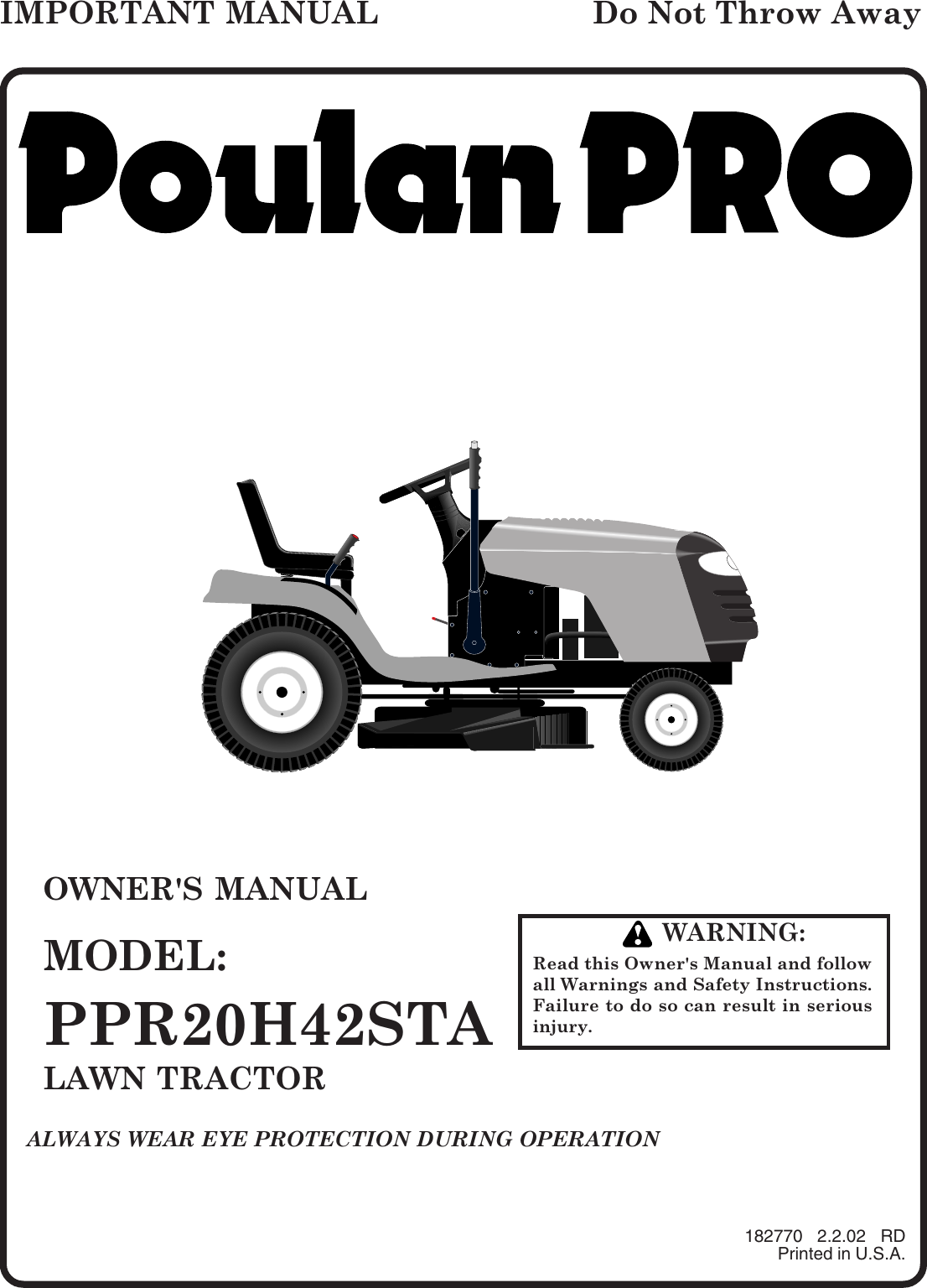 Poulan Ppr20H42Sta Owners Manual OM, PPR20H42STA, TRACTORS/RIDE MOWER