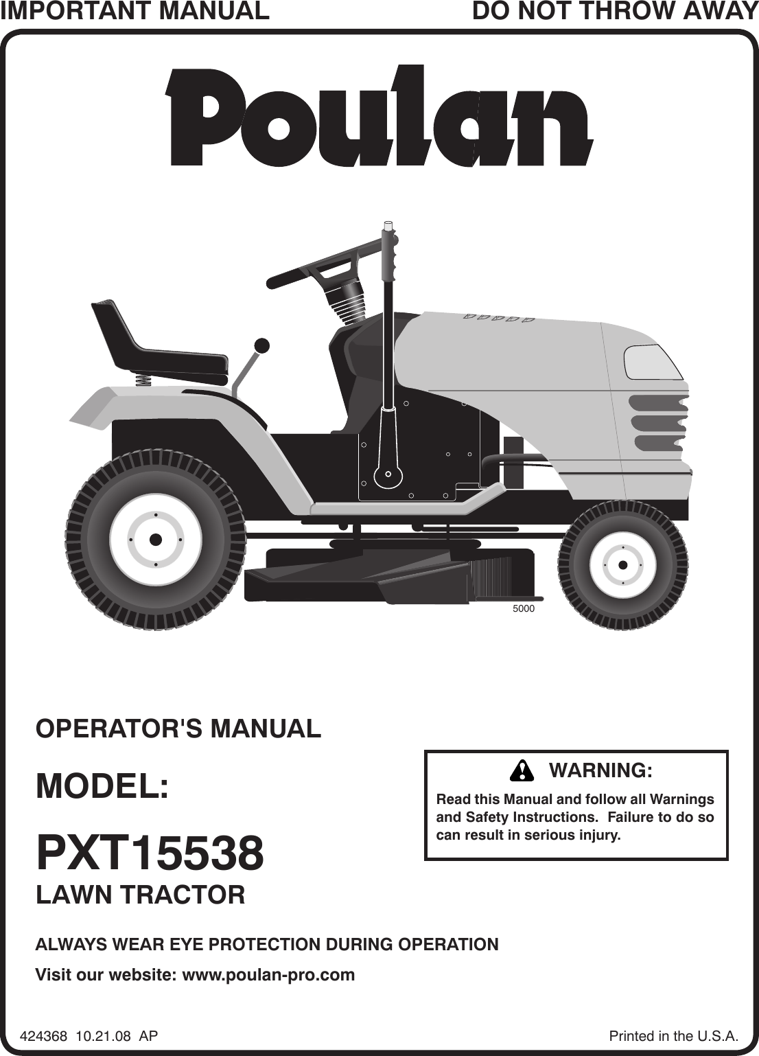 Poulan Pxt15538 2008 10 Owners Manual OM, PXT15538, 10, TRACTORS/RIDE MOWER