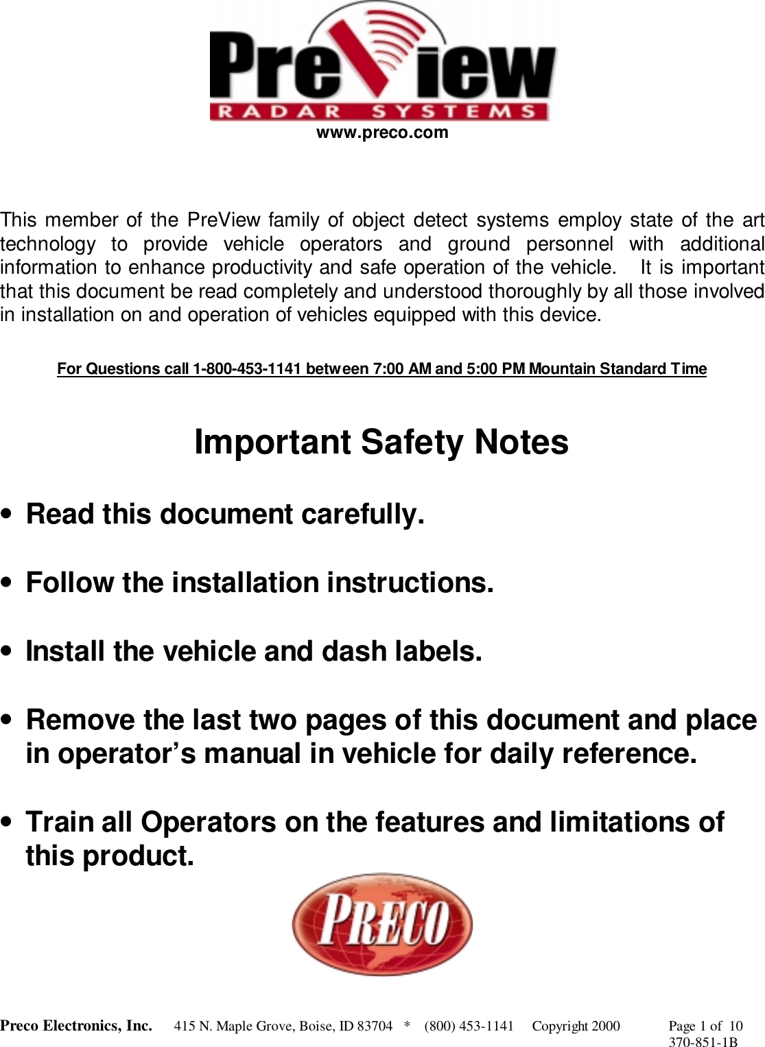 Preco PV2000A Preview Object Detection System User Manual users manual