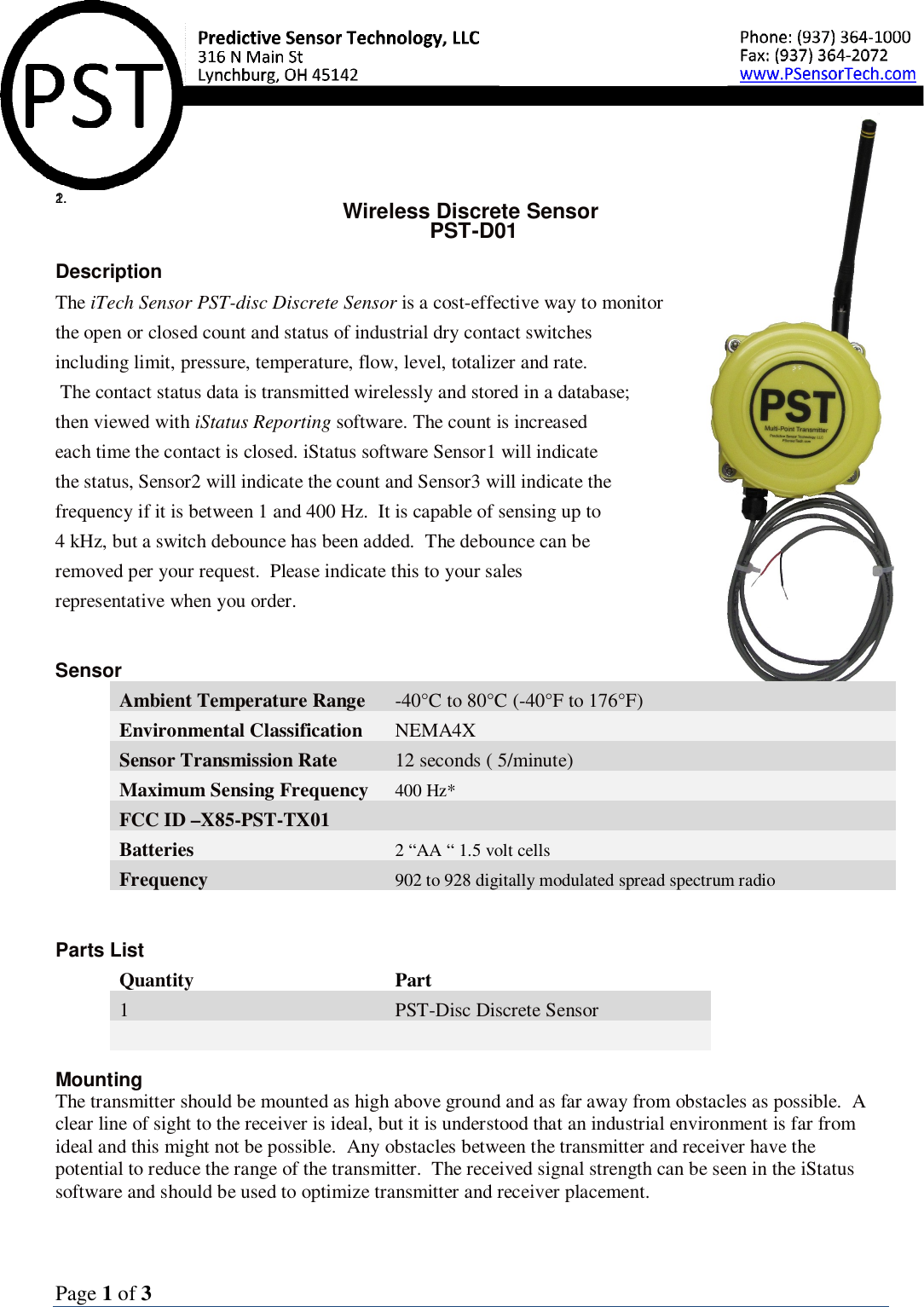 Predictive Sensor Technology PST-MPT01 MPT01 Multi-Point Transmitter ...