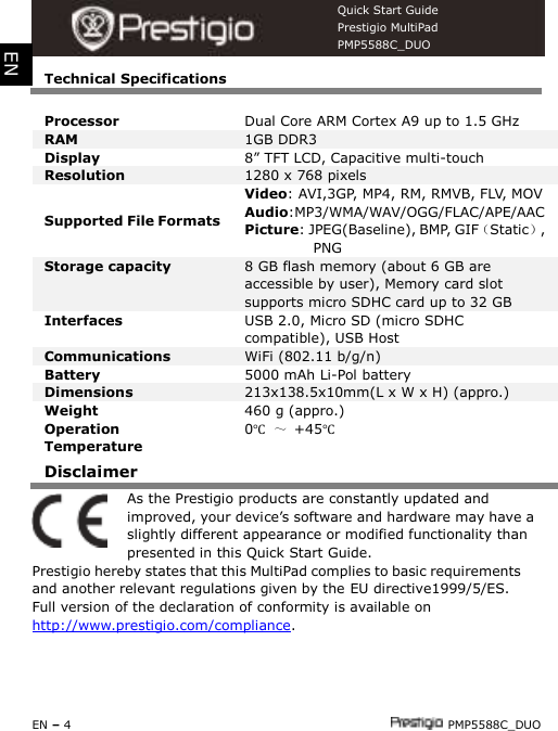 Prestigio Multipad Pmp 5588C Duo Quick Start Manual M03L Wired Laser Mouse