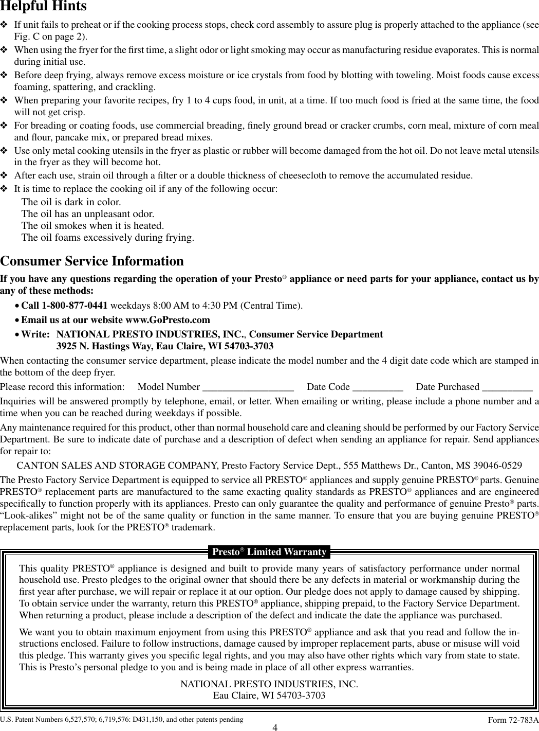 Presto Deep Frye Users Manual