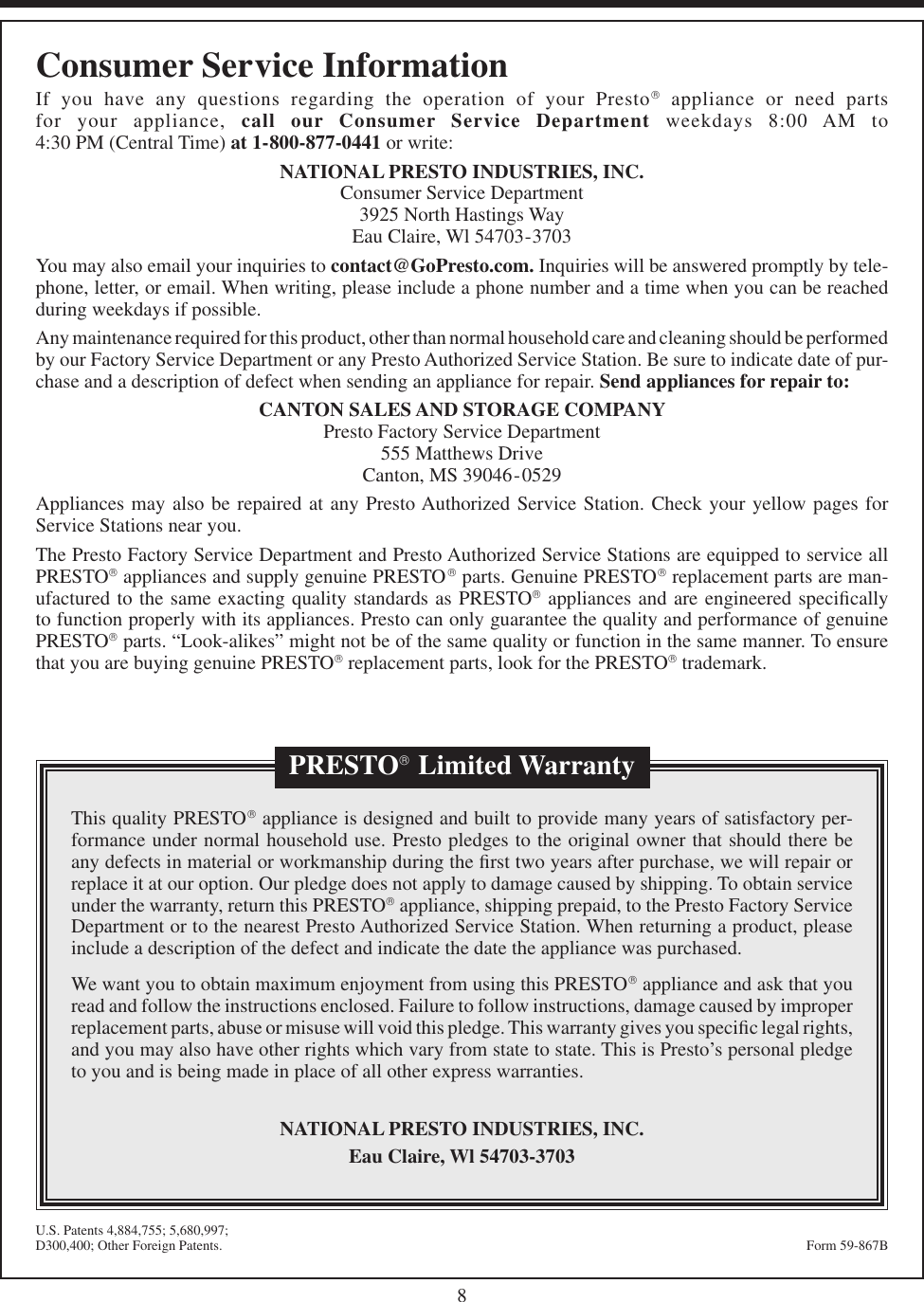 Presto Electric Slicer Shredder Users Manual 59 867B Web.id2