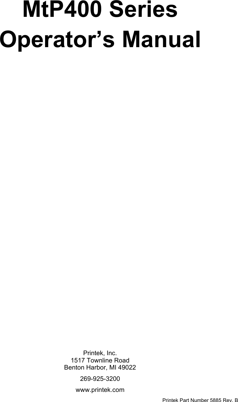 Printek 0113900444 Bluetooth Interface User Manual MtP400 Series