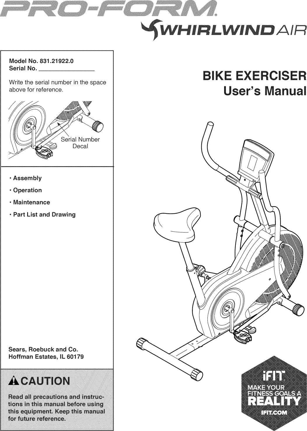 Proform 831219220 User Manual WHIRLWIND AIR Manuals And Guides 1309312L