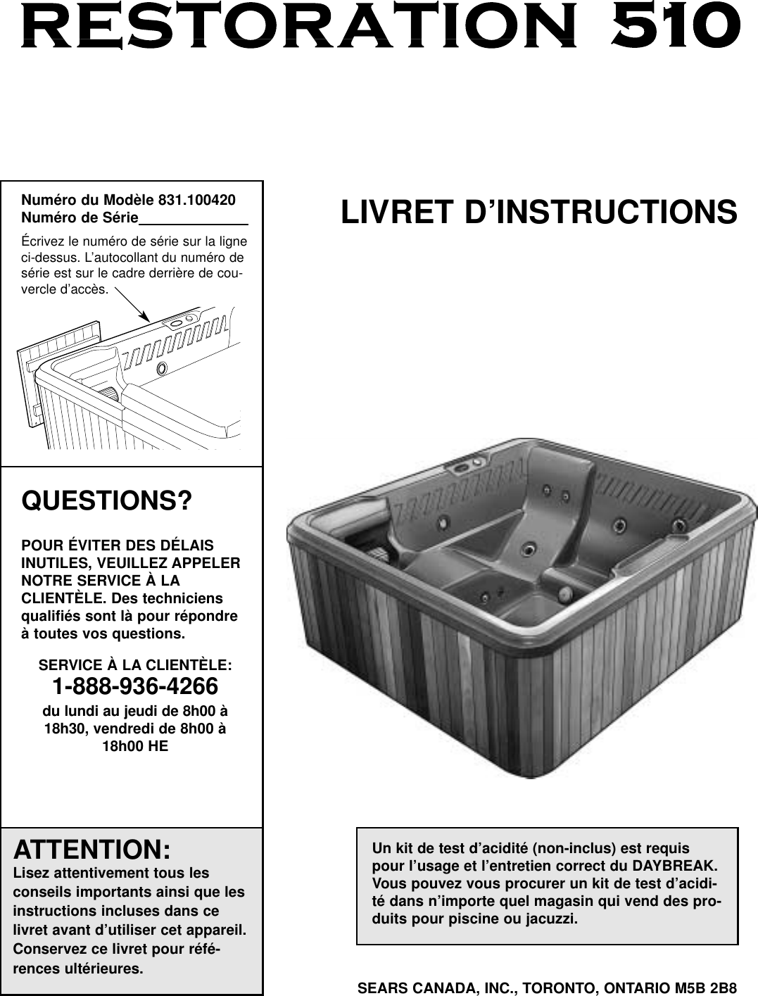 Proform 100420 Restoration 510 Spa Users Manual