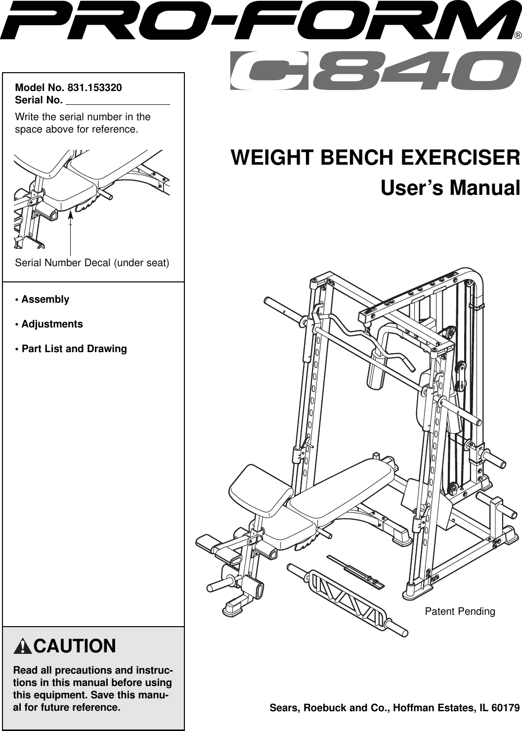 Proform 153320 C840 Bench Users Manual *153320 199800
