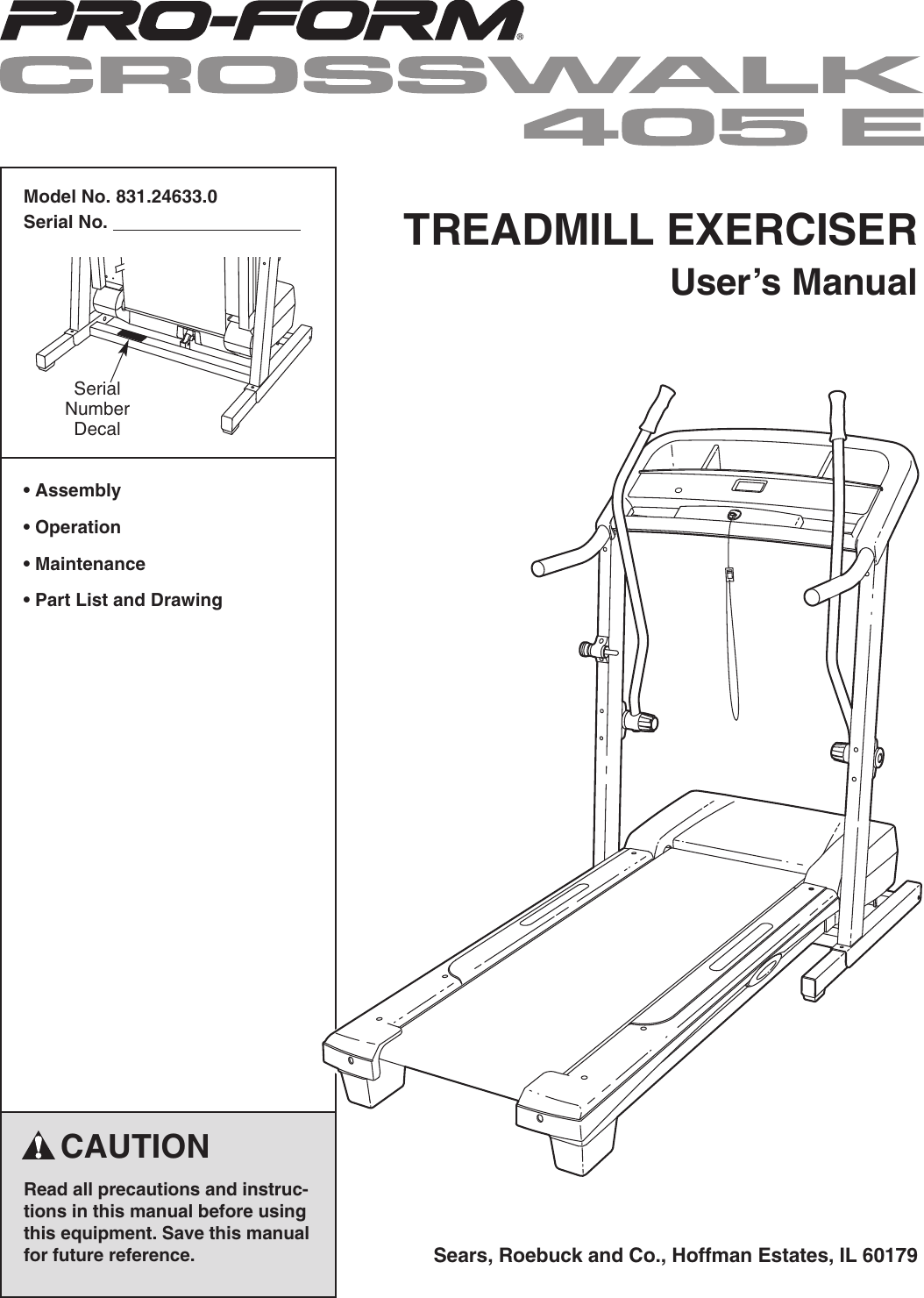 Proform 246330 Crosswalk 405 E Treadmill Users Manual 294241 205863