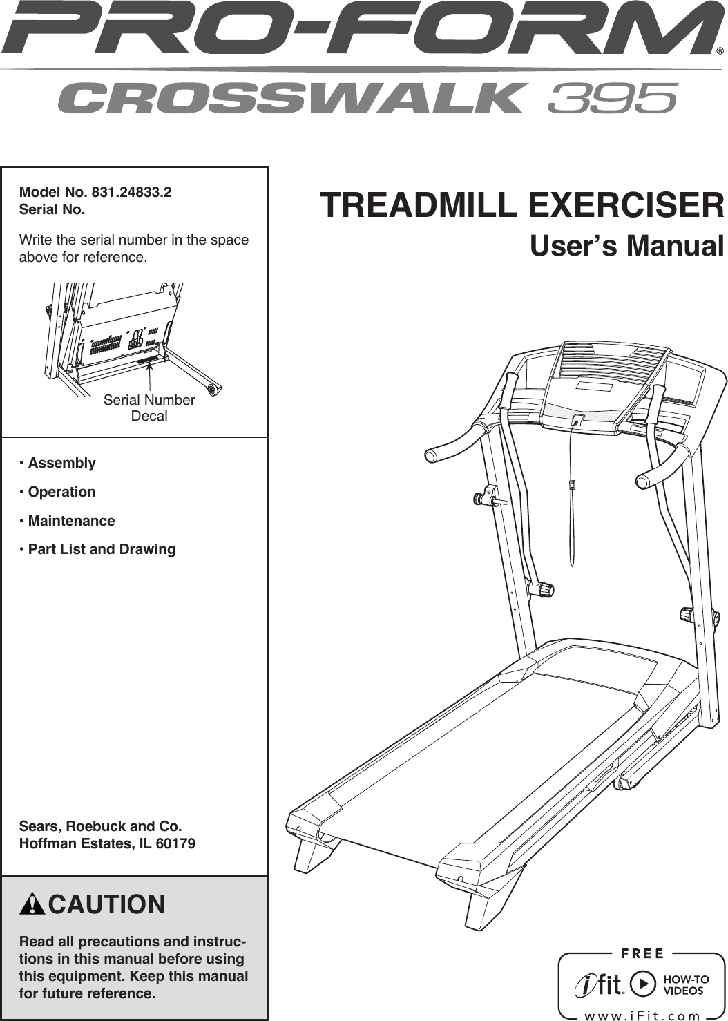 Proform 248332 Crosswalk 395 Treadmill Users Manual