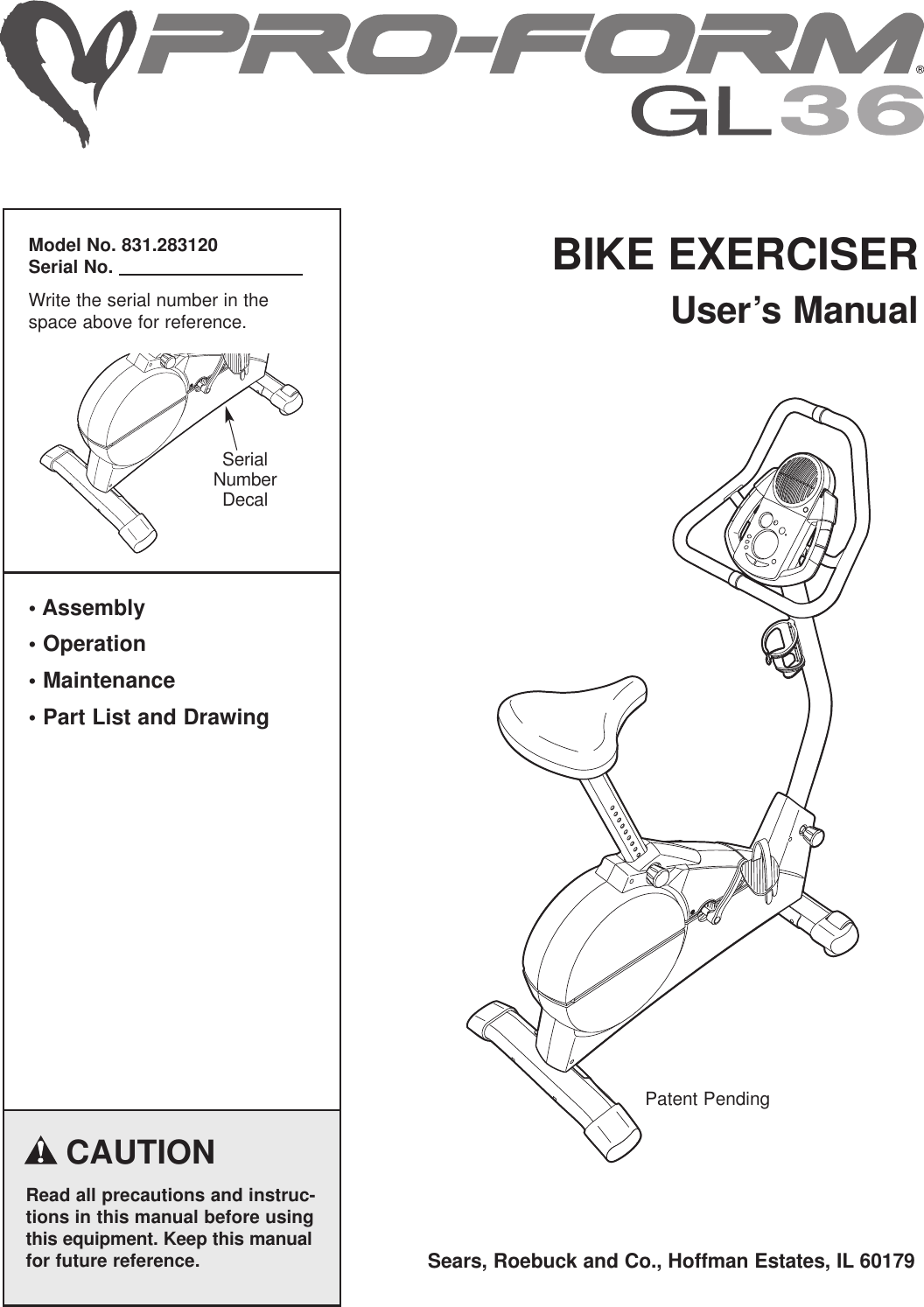 Proform 283120 Gl36 Bike Users Manual *283120 197664