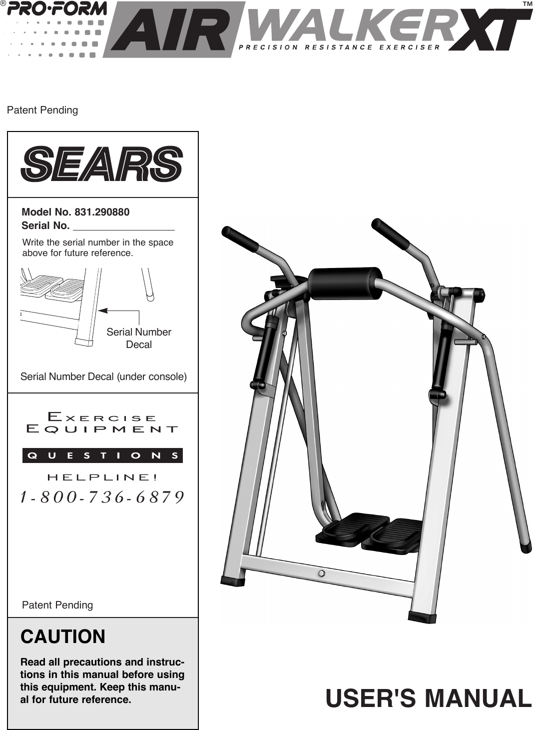 Proform 290880 Airwalker Xt Users Manual *290880 138947