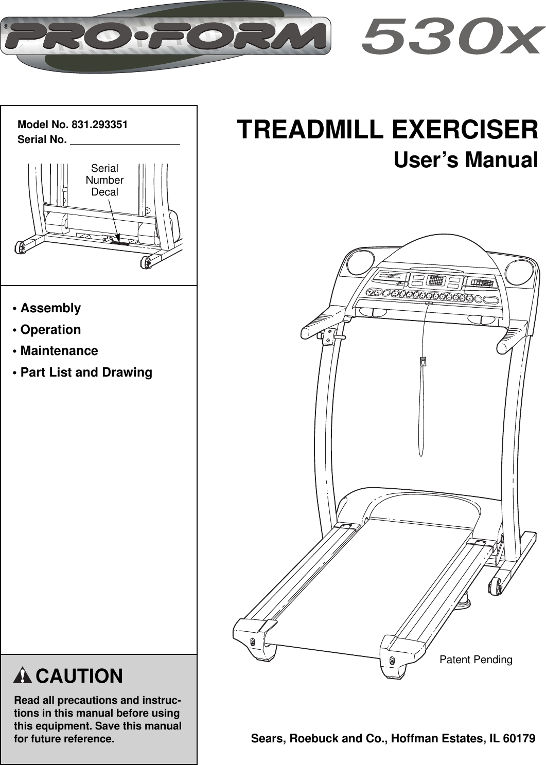 Proform 293351 530X Treadmill Users Manual