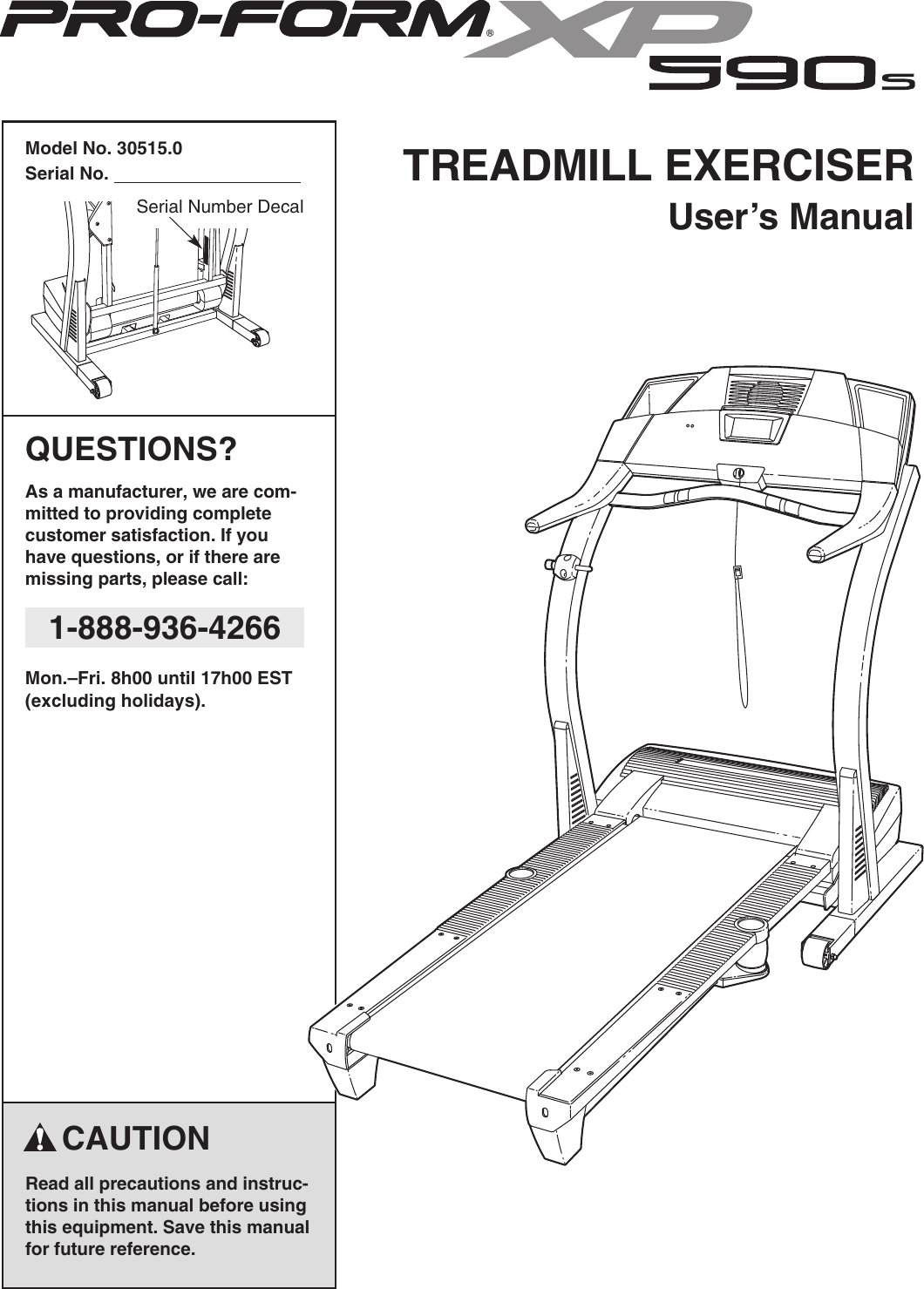 Proform 305150 Xp 590S Treadmill Users Manual *294060 204705