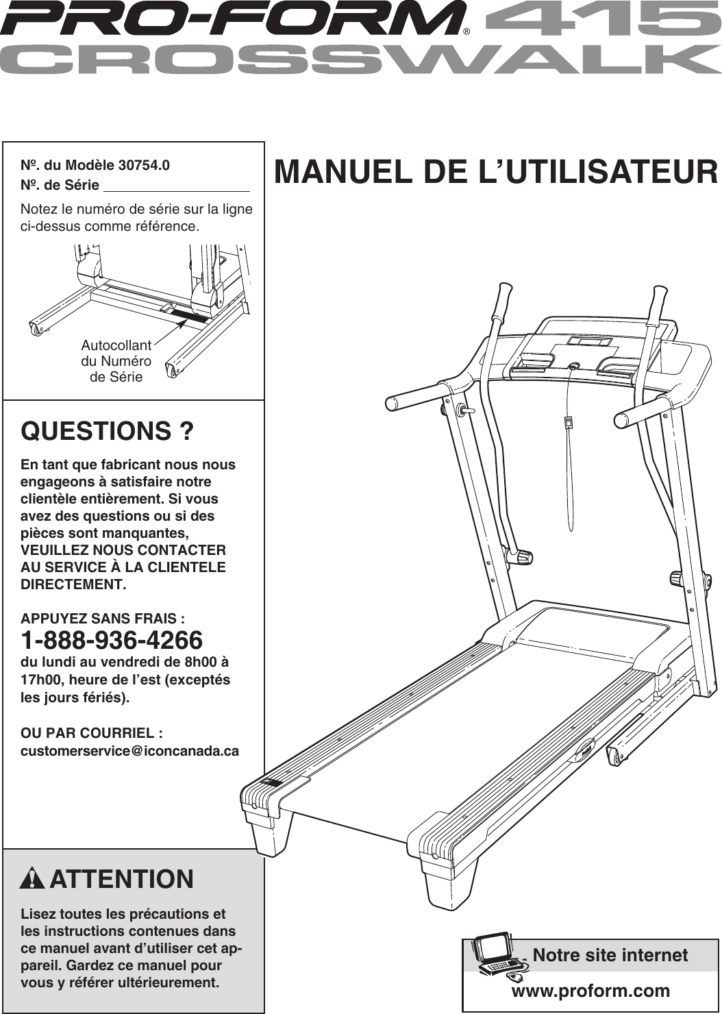 Proform 307540 415 Crosswalk Treadmill Users Manual *294060 204705