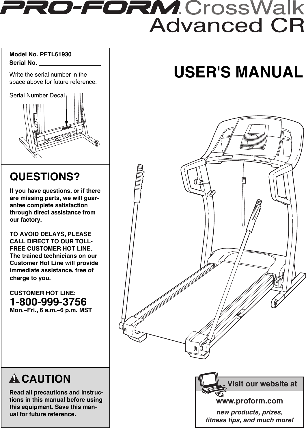 Proform Crosswalk Advanced Cr No Pftl61930 Users Manual *PFTL61930 206226