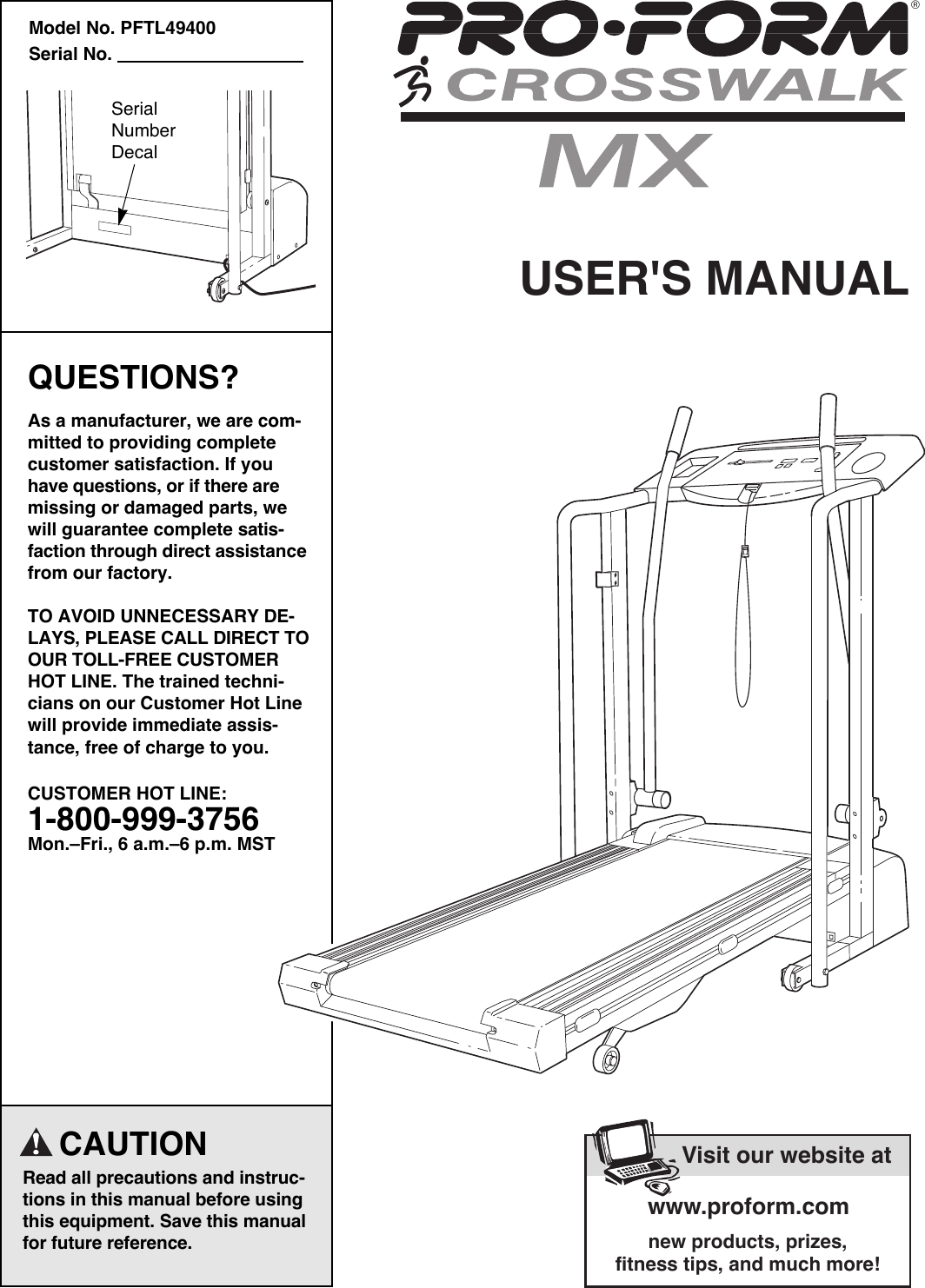 Proform Crosswalk Mx No Pftl49400 Users Manual *PFTL49400 165696