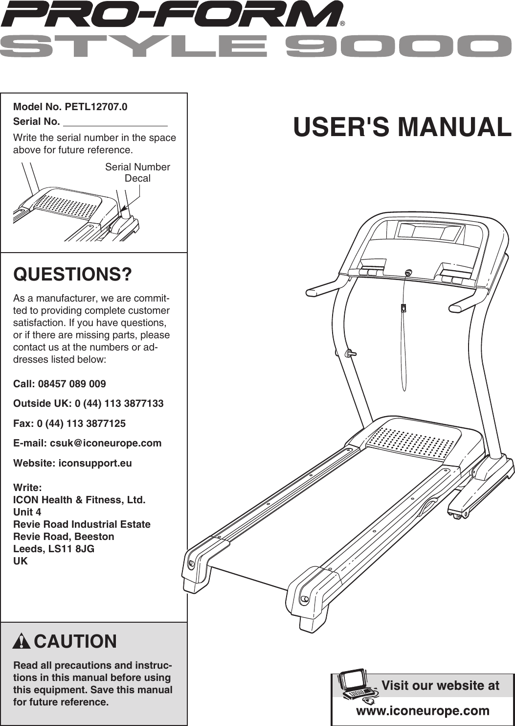 Proform Petl127070 Style 9000 Treadmill Users Manual 294241 205863
