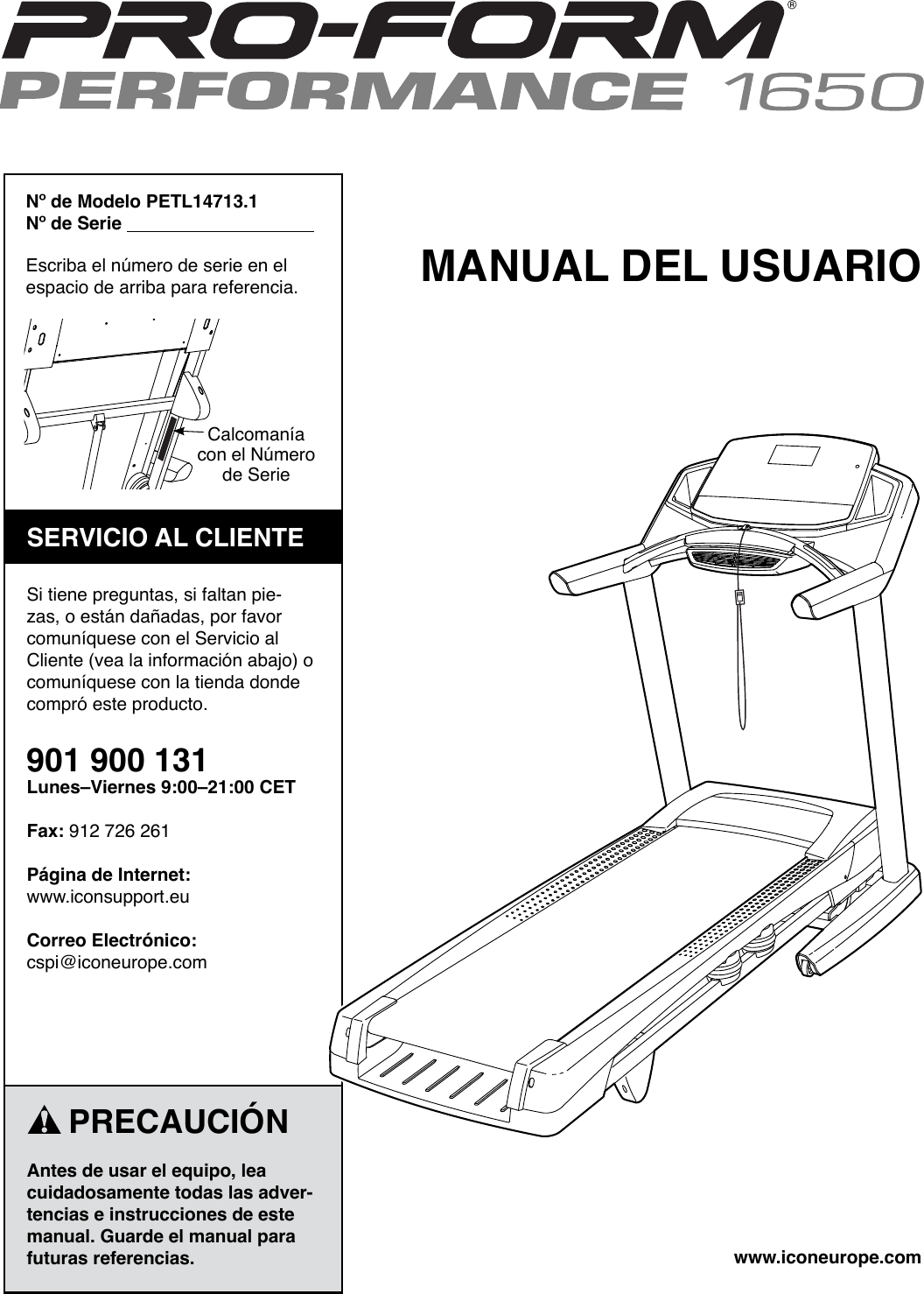 Proform Petl147131 Performance 1650 Treadmill Users Manual