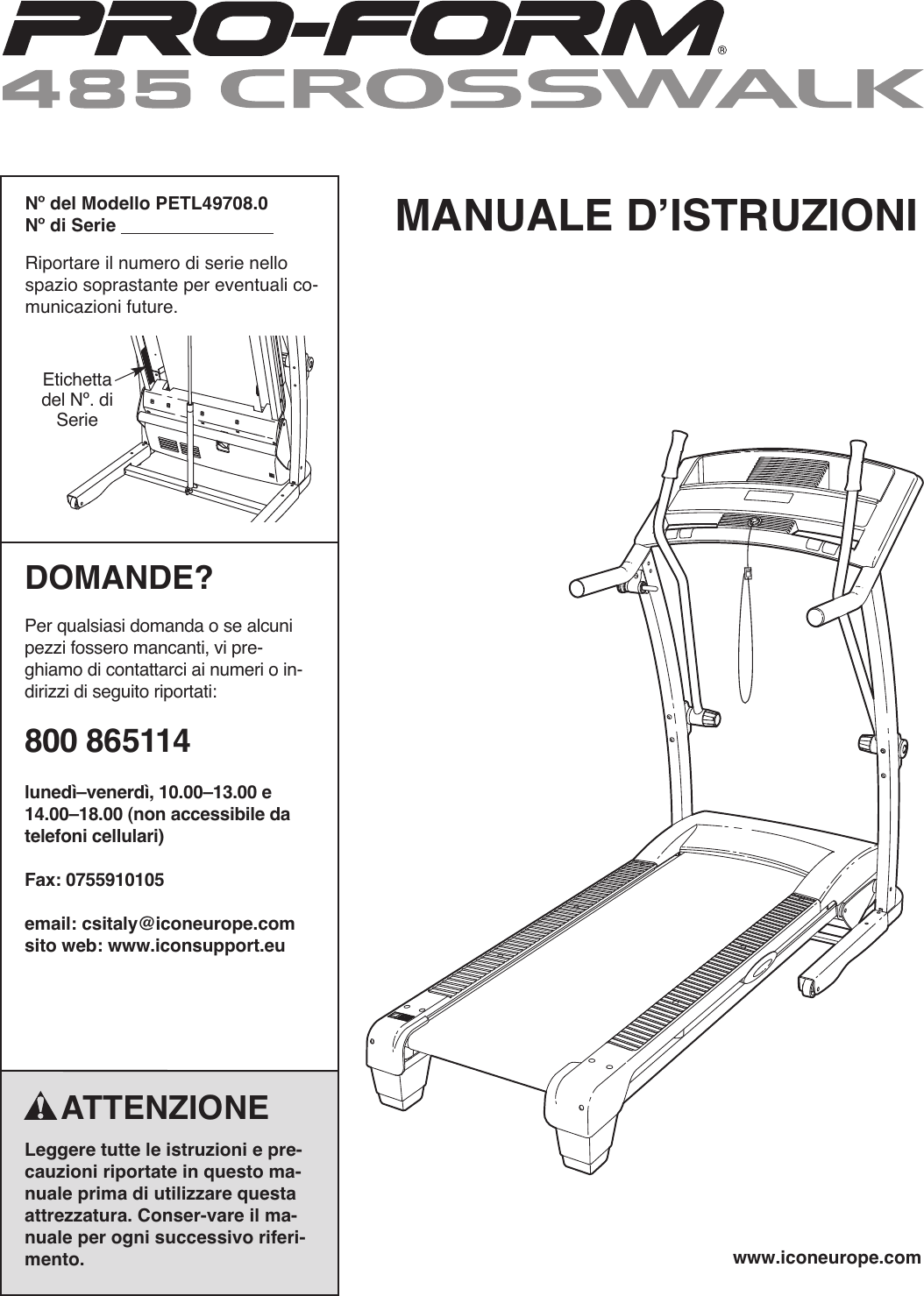 Proform Petl497080 485 Crosswalk Cwl Treadmill Users Manual