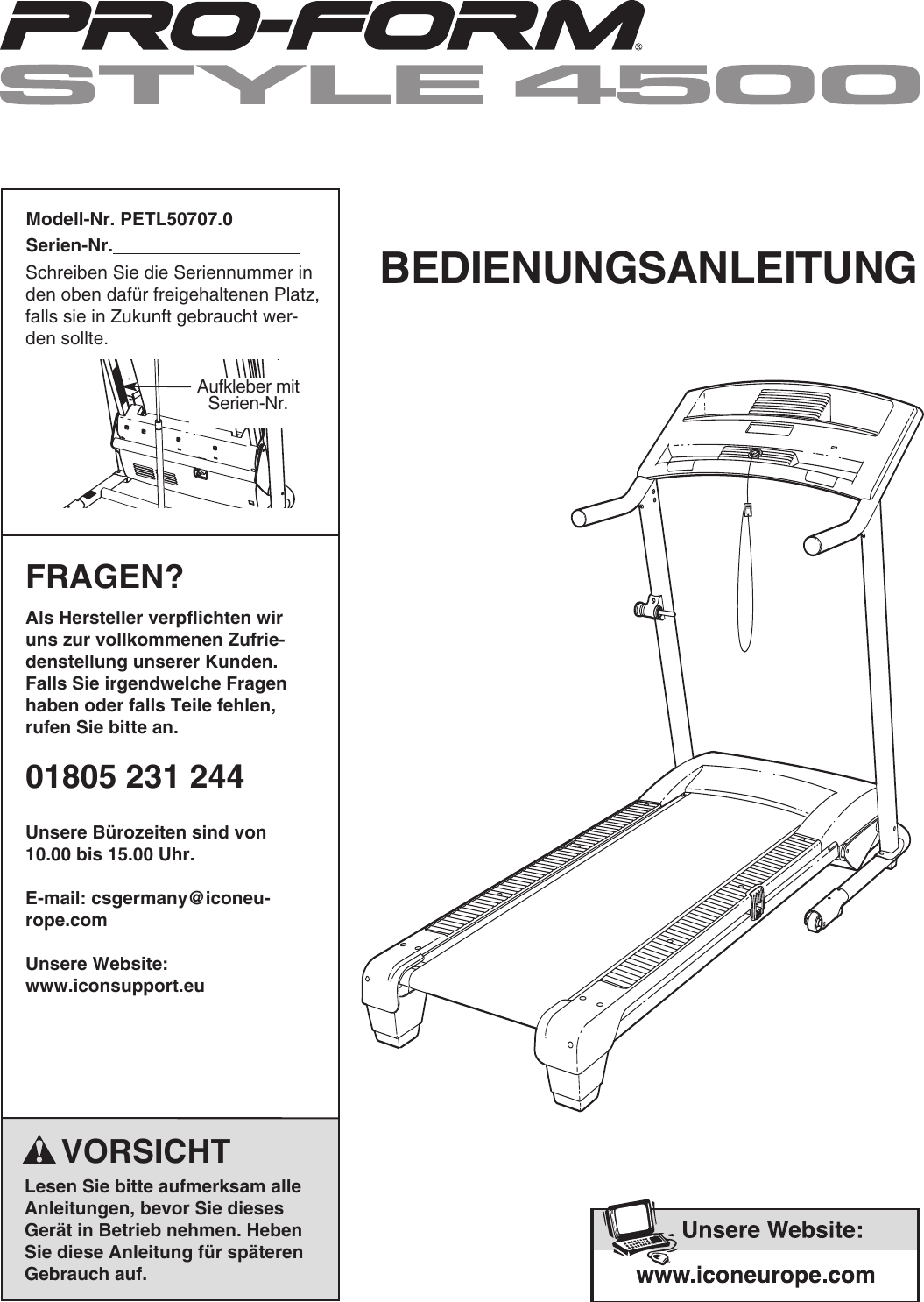Proform Petl507070 Style 4500 Treadmill Users Manual WLTL19012 186811