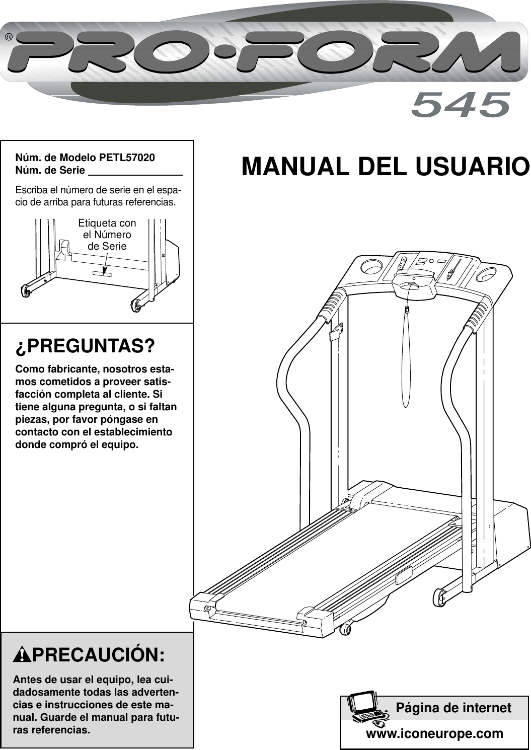 Proform Petl57020 545 Treadmill Users Manual