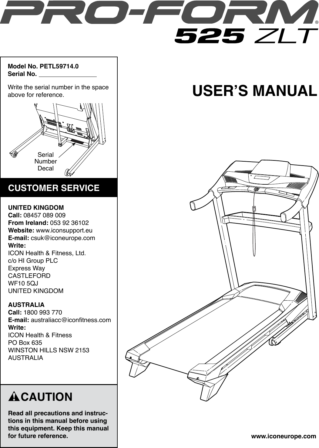 Proform Petl597140 525 Zlt Treadmill Users Manual