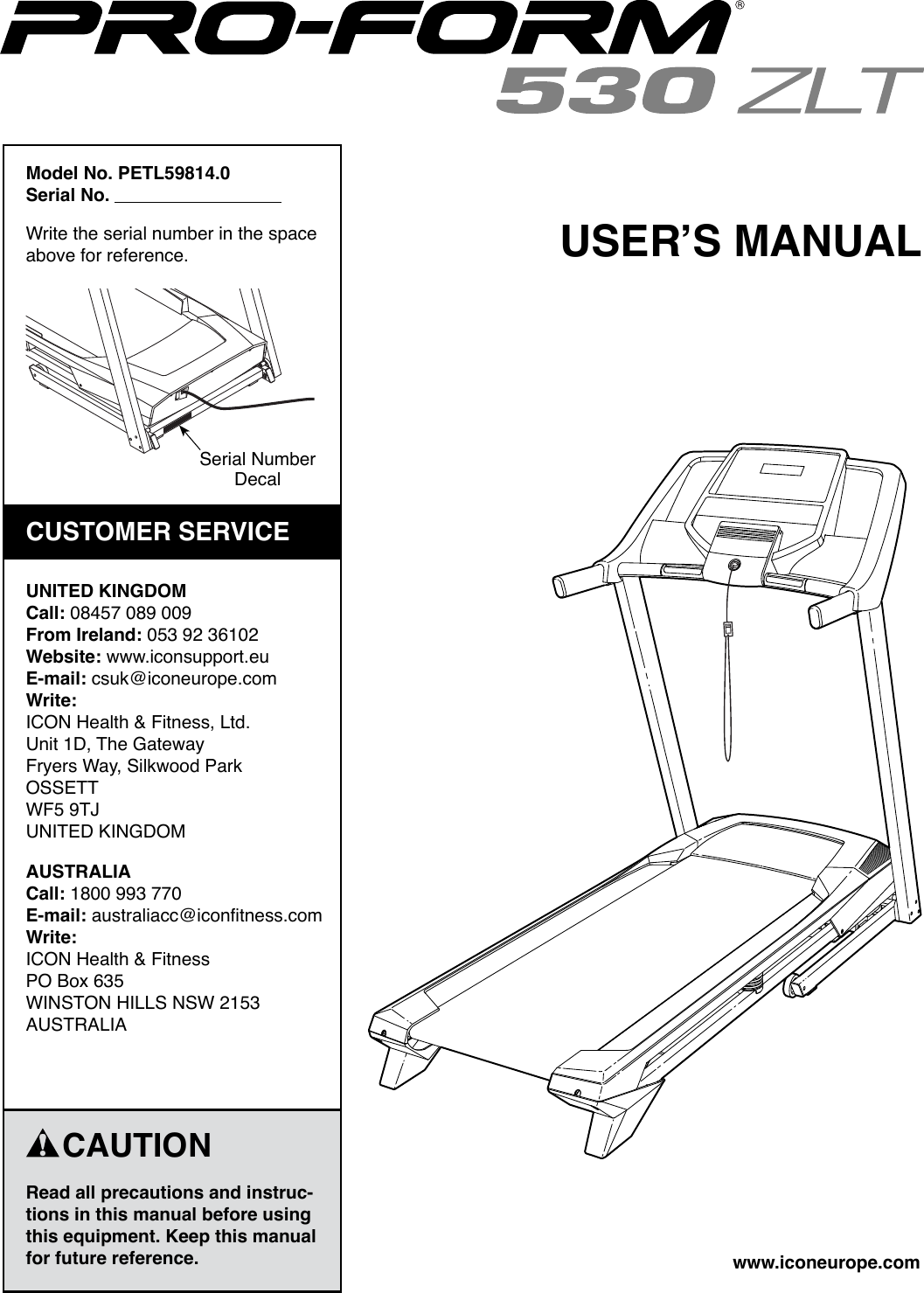 Proform Petl598140 530 Zlt Treadmill Users Manual