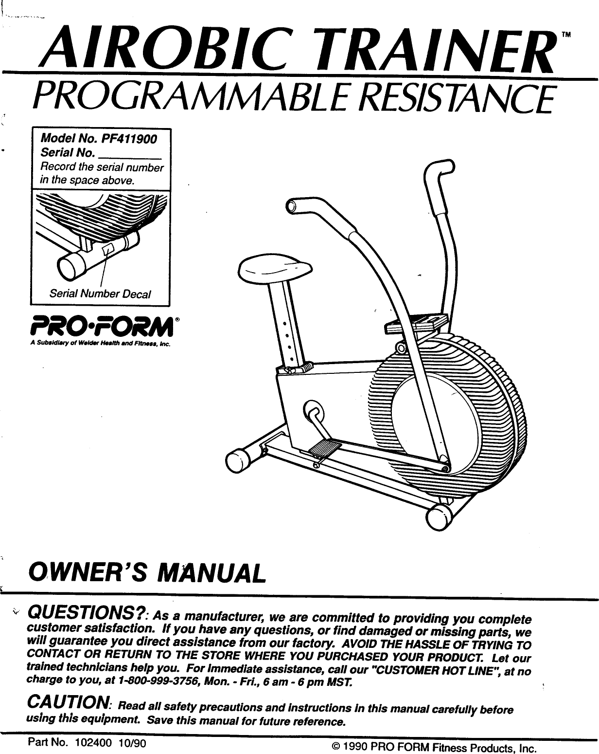 Proform Pf411900 Airobic Trainer Bike Users Manual