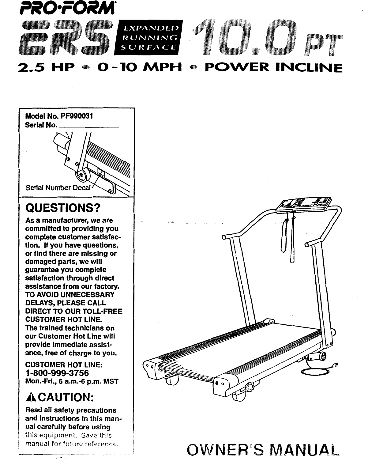 Proform Pf990031 Ers 10 0 Pt Treadmill Users Manual