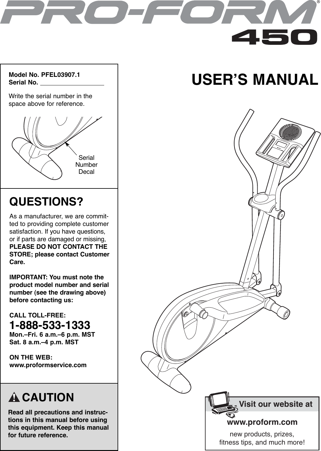Proform Pfel039071 450 Elliptical Users Manual PFEL03907.1 260193
