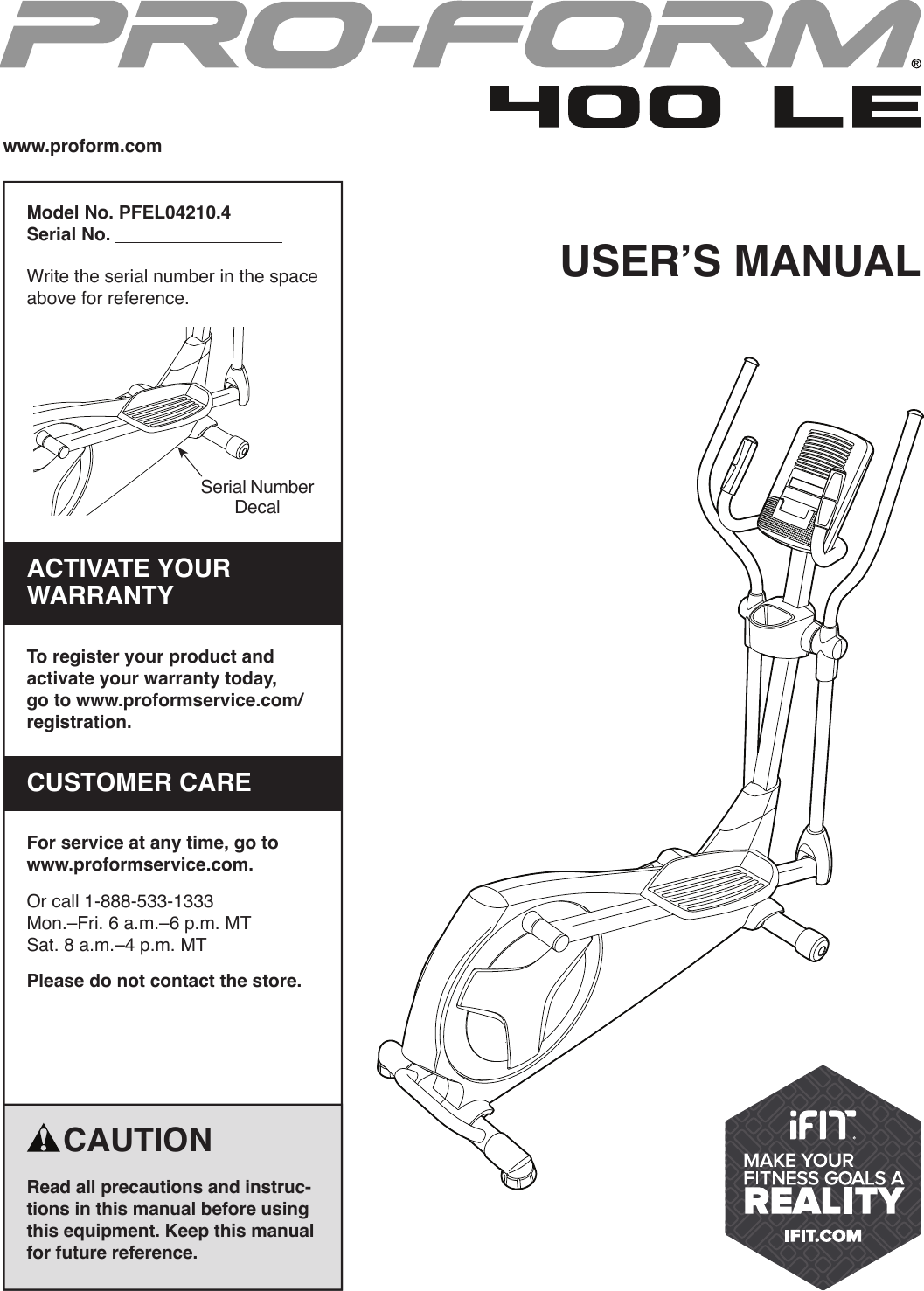 Proform Pfel042104 400 Le Elliptical Users Manual
