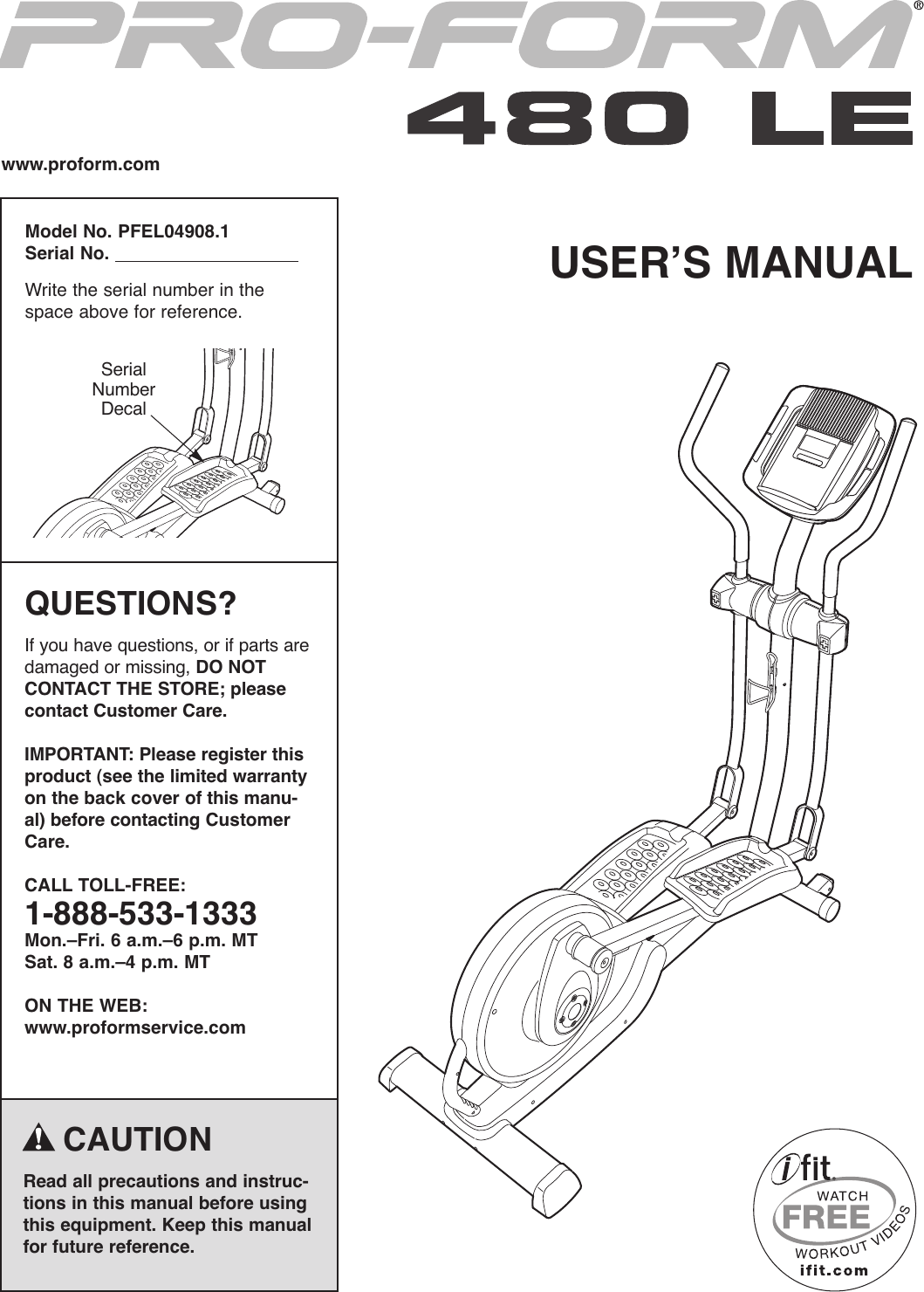 Proform Pfel049081 480 Le Elliptical Users Manual 285430