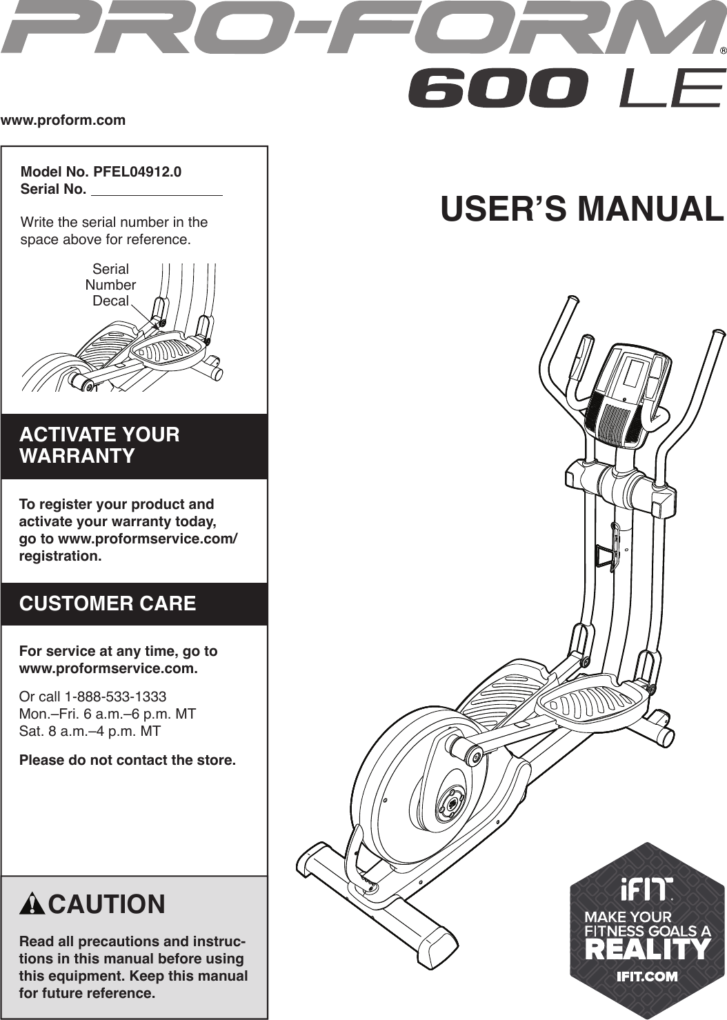 Proform Pfel049120 600 Le Elliptical Users Manual