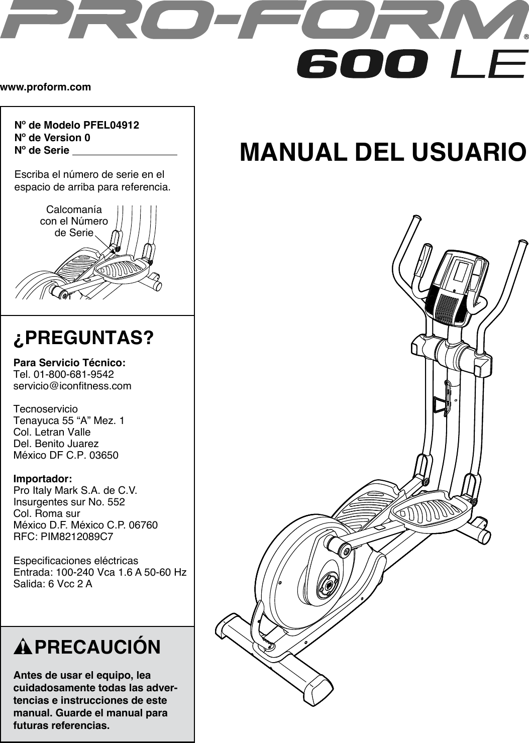 Proform Pfel049120 600 Le Elliptical Users Manual