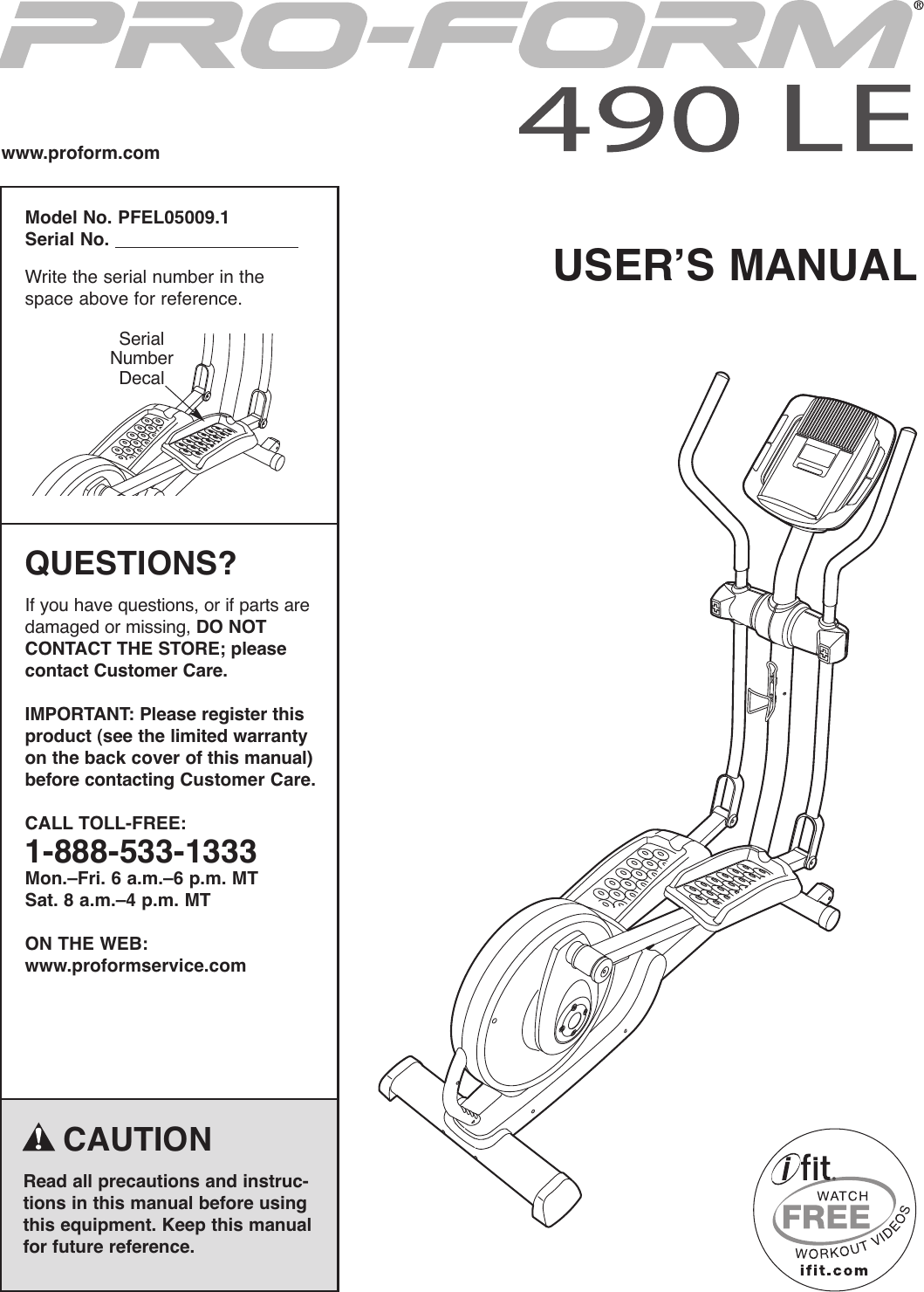 Proform Pfel050091 490 Le Elliptical Users Manual 285430