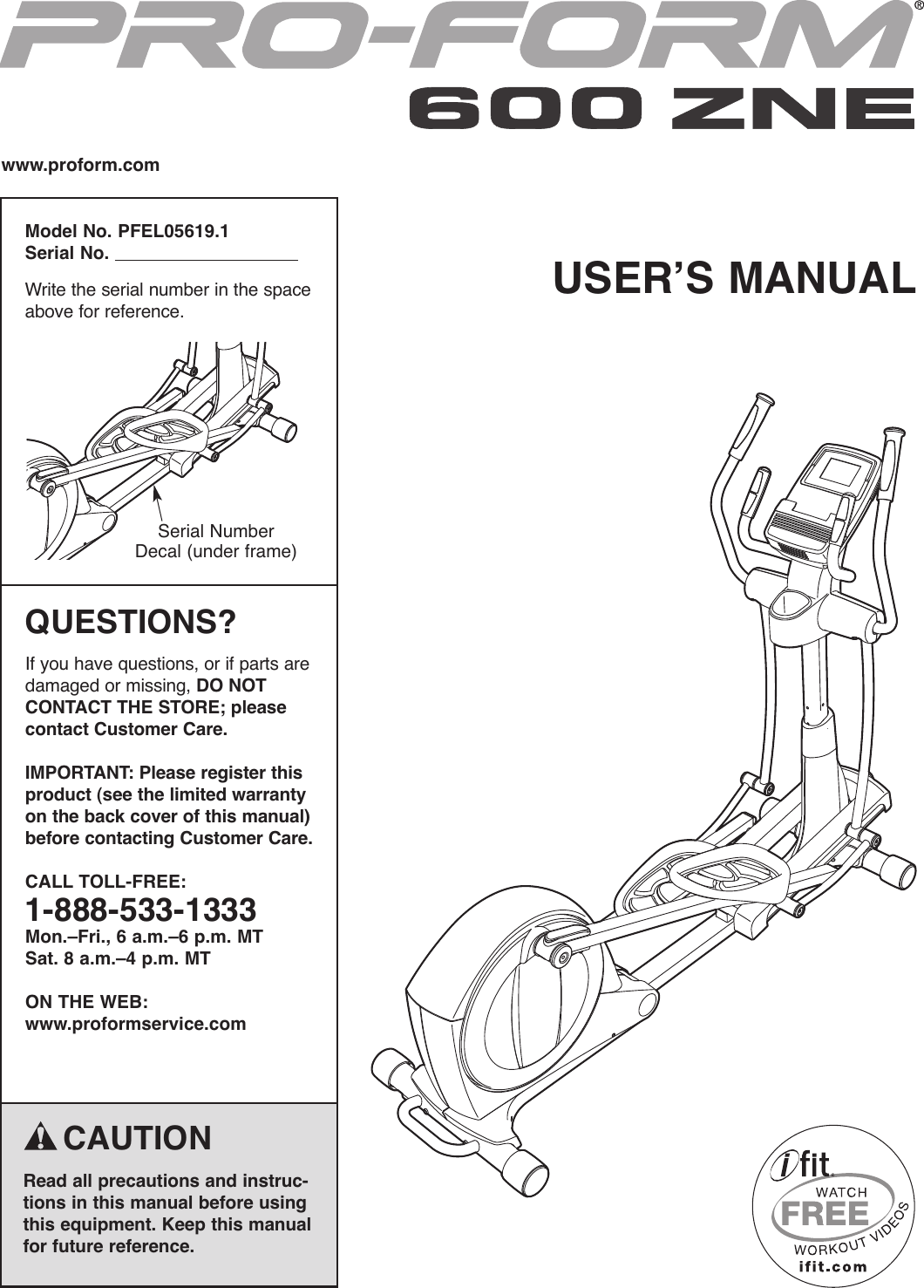 Proform Pfel056191 600 Zne Elliptical Users Manual 285430