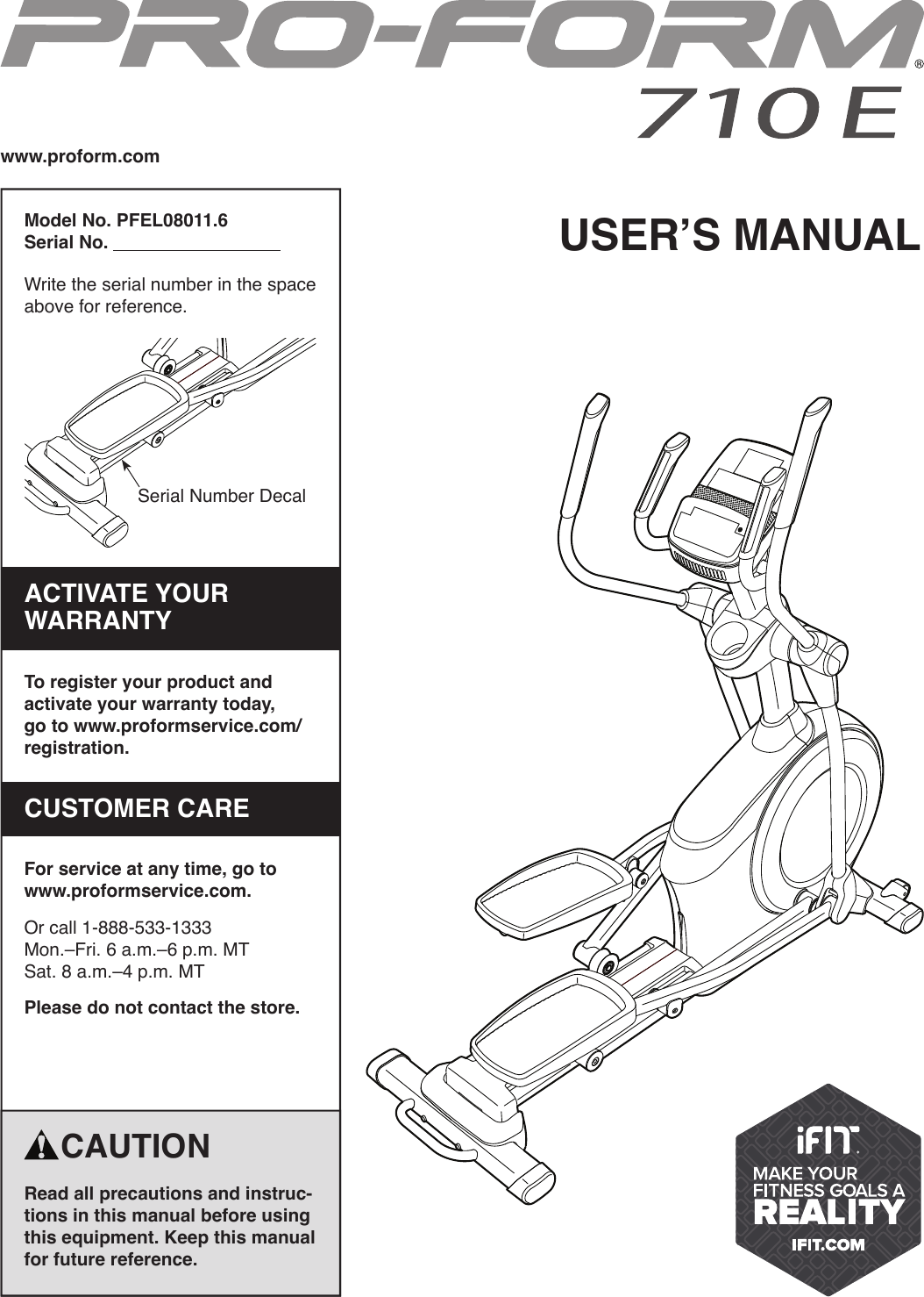 Proform Pfel080116 710 E Elliptical Users Manual