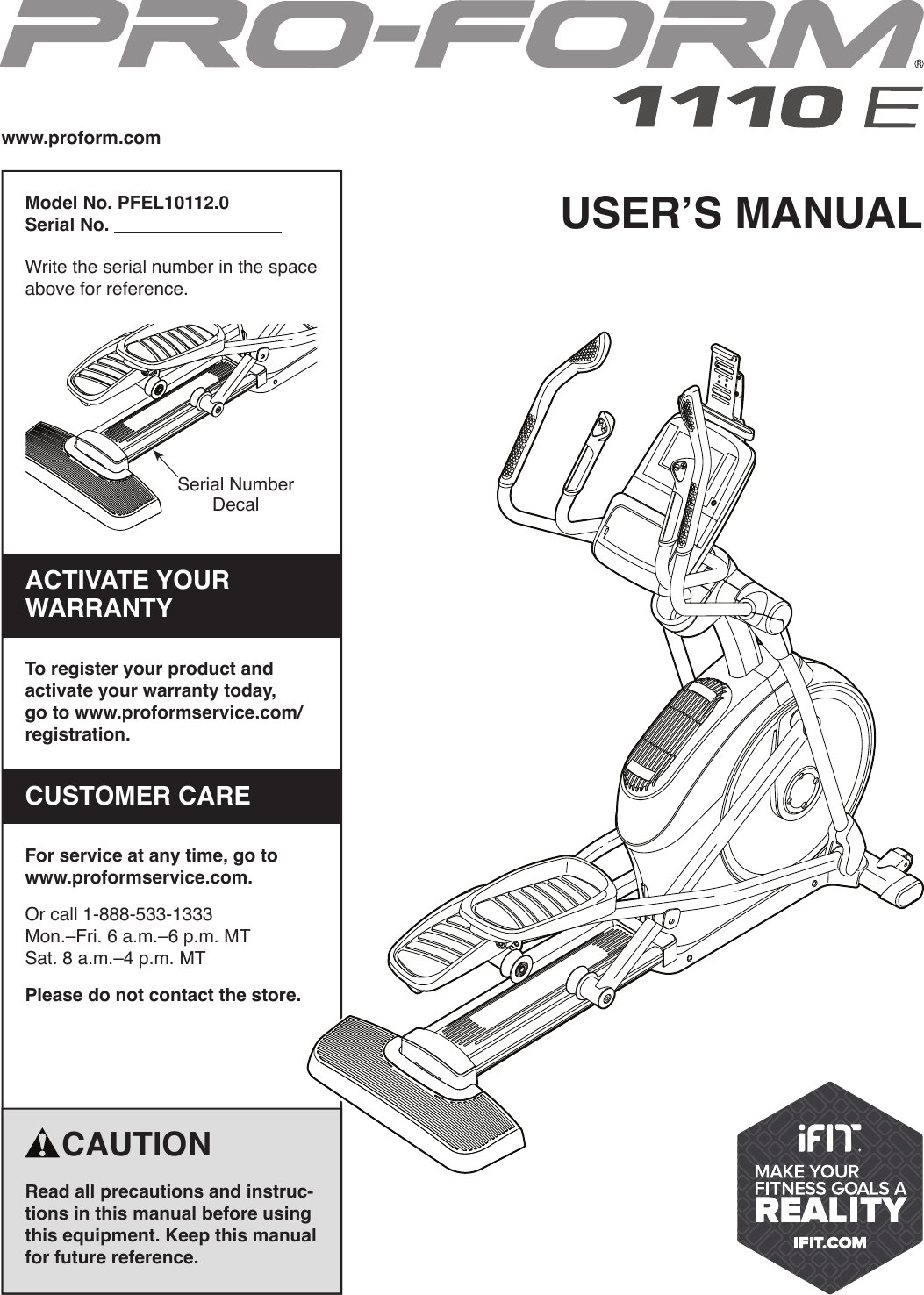 Proform Pfel101120 1110 E Elliptical Users Manual