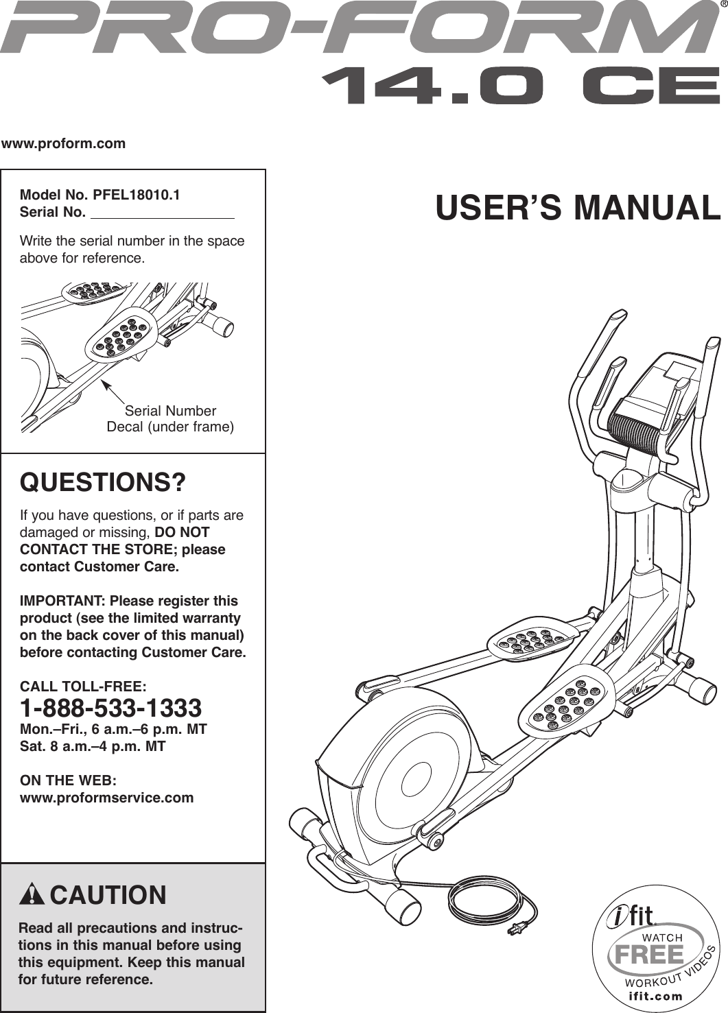Proform Pfel180101 14 0 Ce Elliptical Users Manual 285430