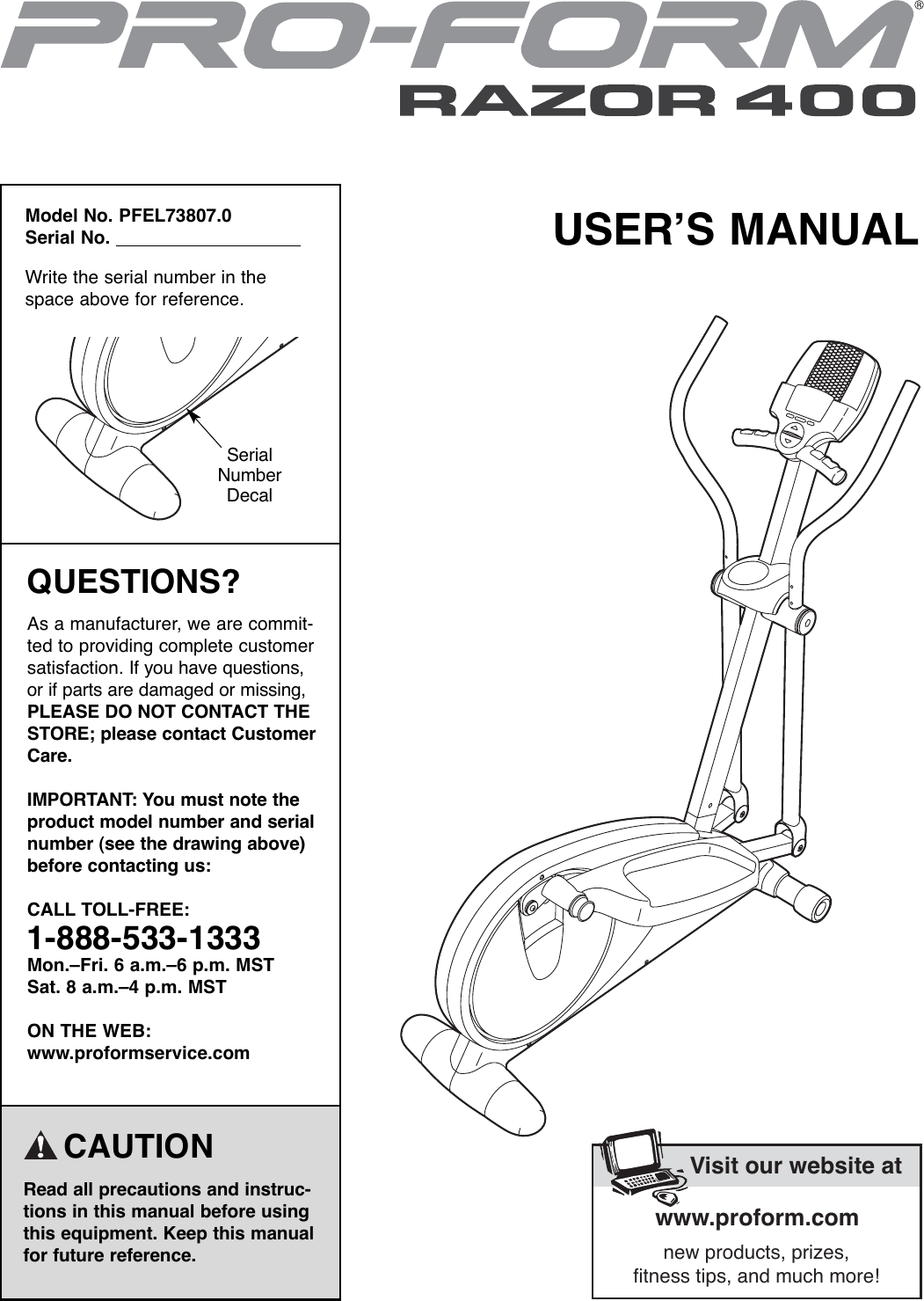 Proform Pfel738070 Razor 400 Elliptical Users Manual PFEL73807.0 255392