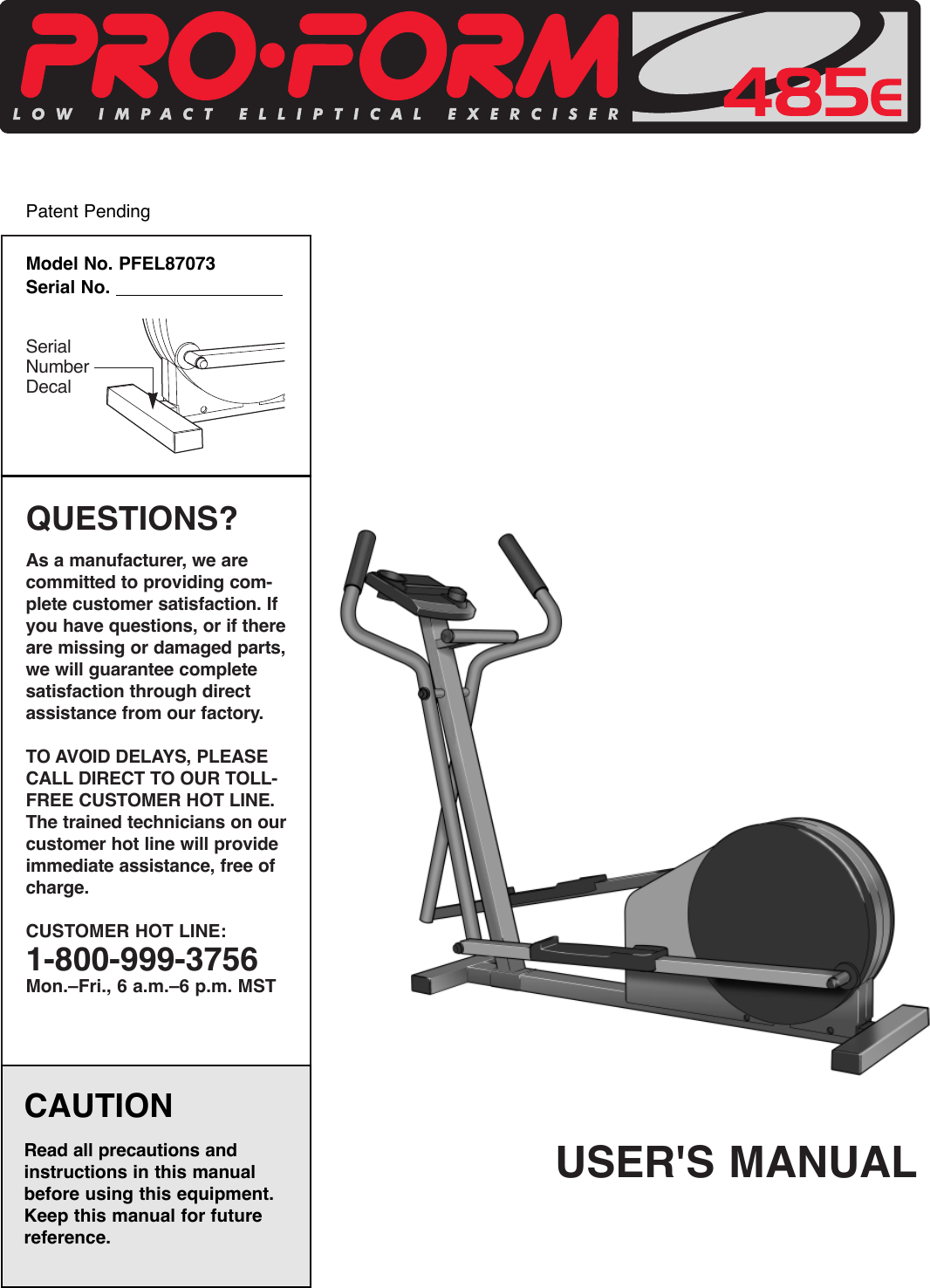 Proform Pfel87073 485E Elliptical Users Manual *PFEL87073 143963