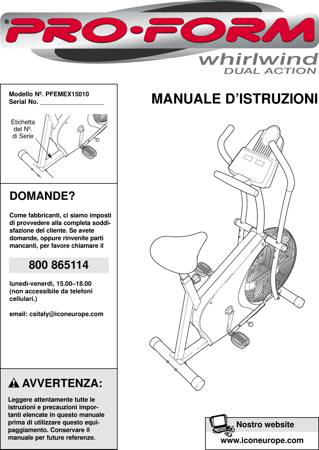 Proform Pfemex15010 Whirlwind Bike Users Manual