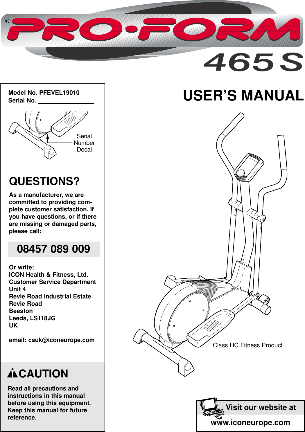 Proform Pfevel19010 465S Elliptical Users Manual