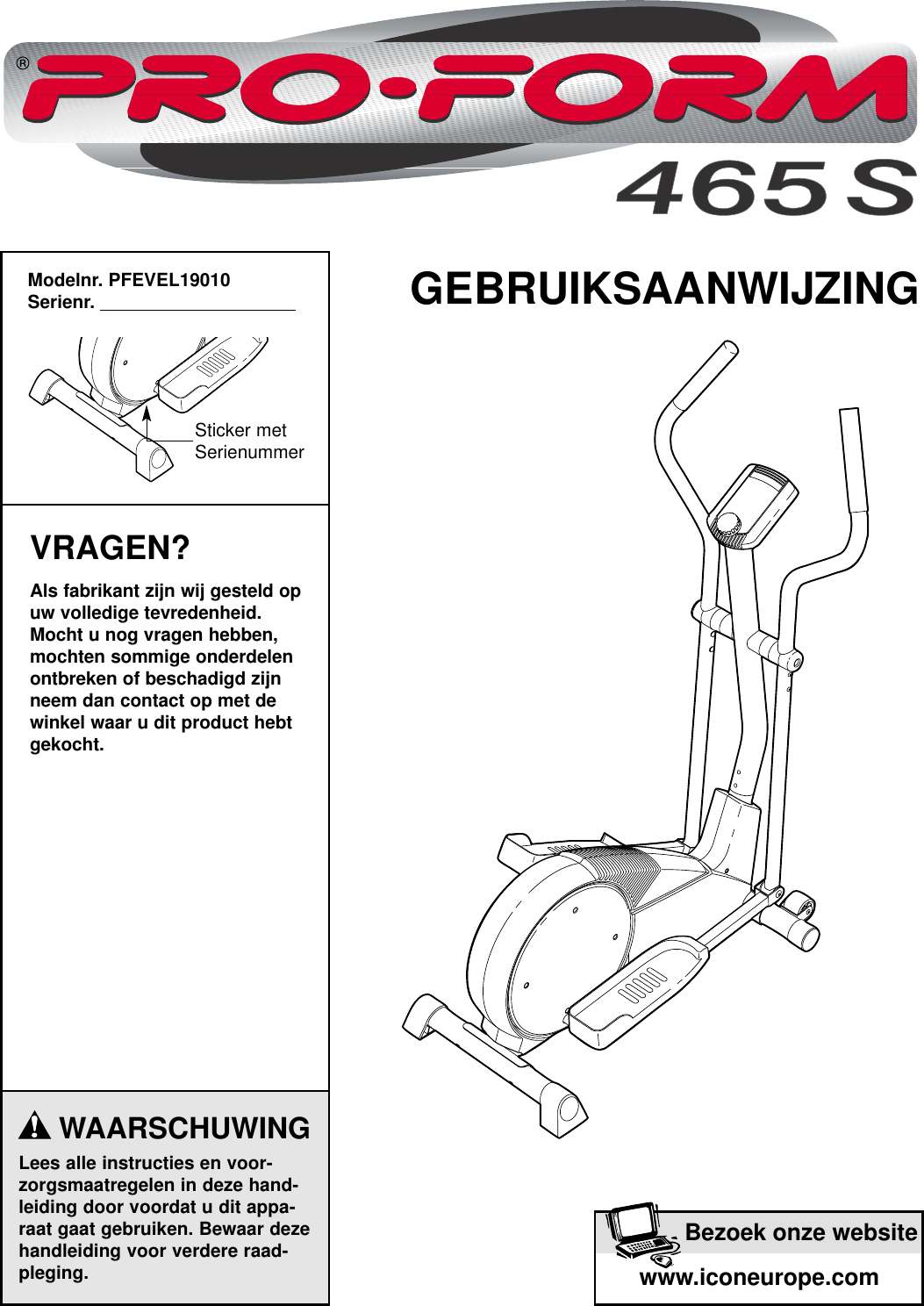 Proform Pfevel19010 465S Elliptical Users Manual
