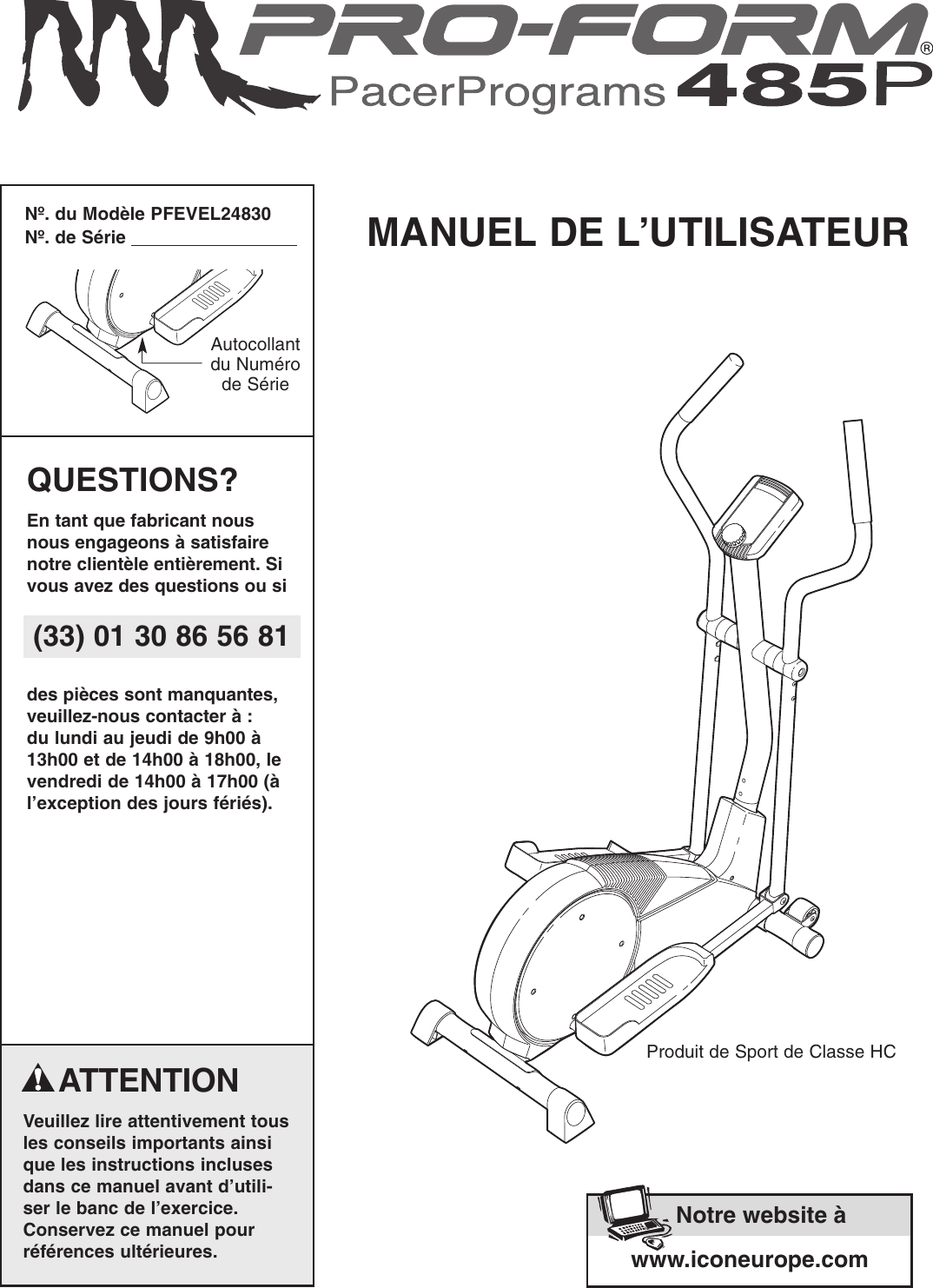 Proform Pfevel24830 485 P Elliptical Users Manual *PFEVEL24830 200945(FR