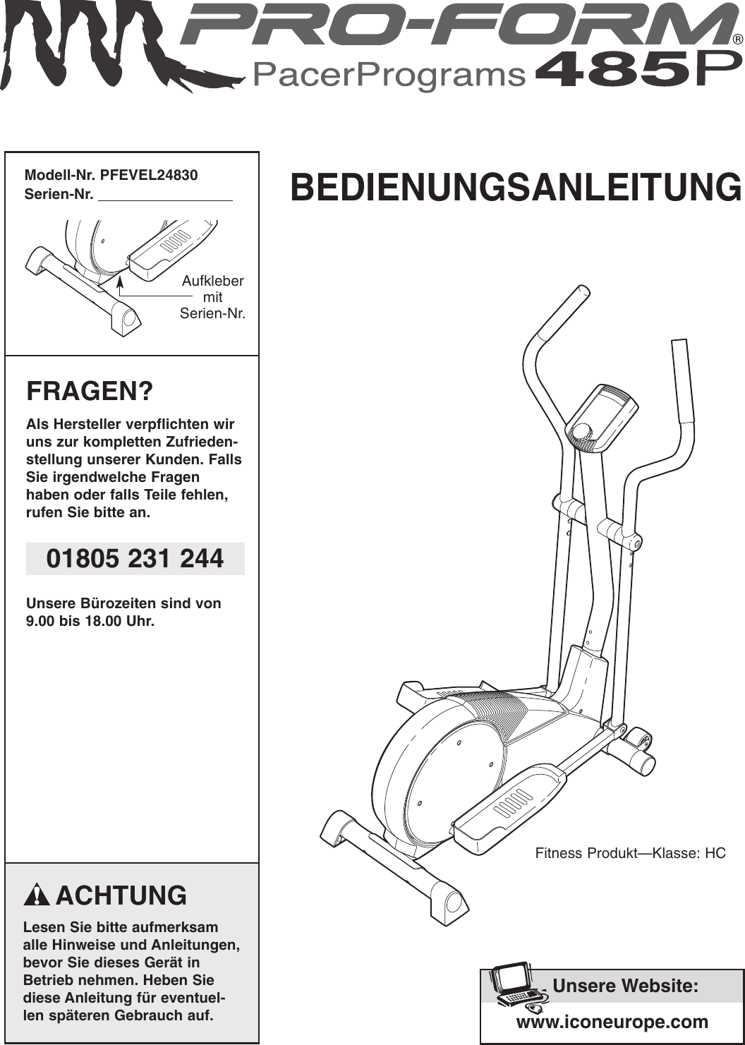 Proform Pfevel24830 485 P Elliptical Users Manual *PFEVEL24830 200946(GR