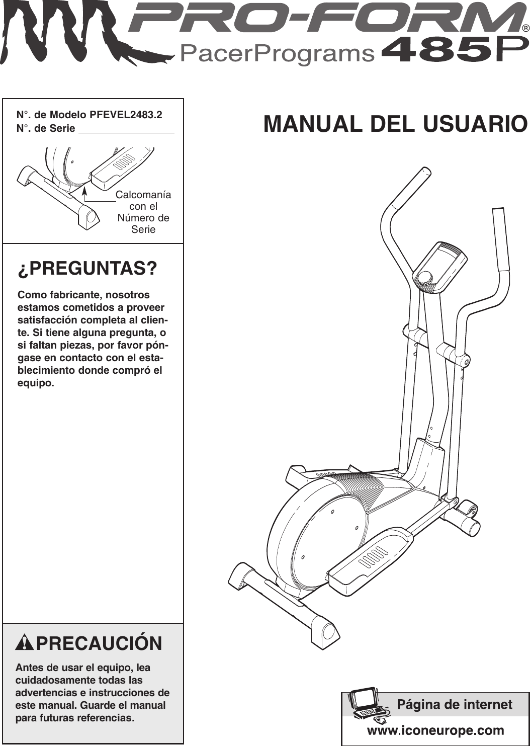 Proform Pfevel24832 485 P Elliptical Users Manual *PFEVEL24830 200944(UK)