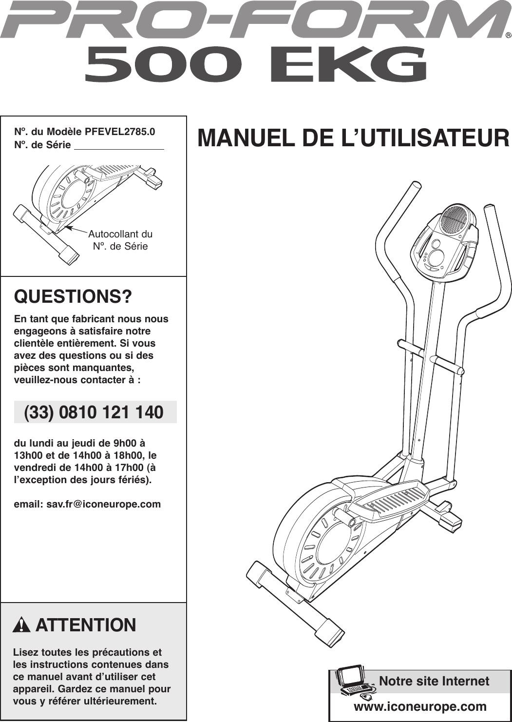 Proform Pfevel27850 500 Ekg Elliptical Users Manual PFEVEL26040 216020(UK)