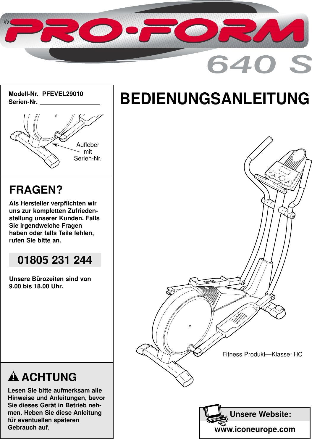 Proform Pfevel29010 640S900 Cardio Crosstrainer Elliptical Users Manual